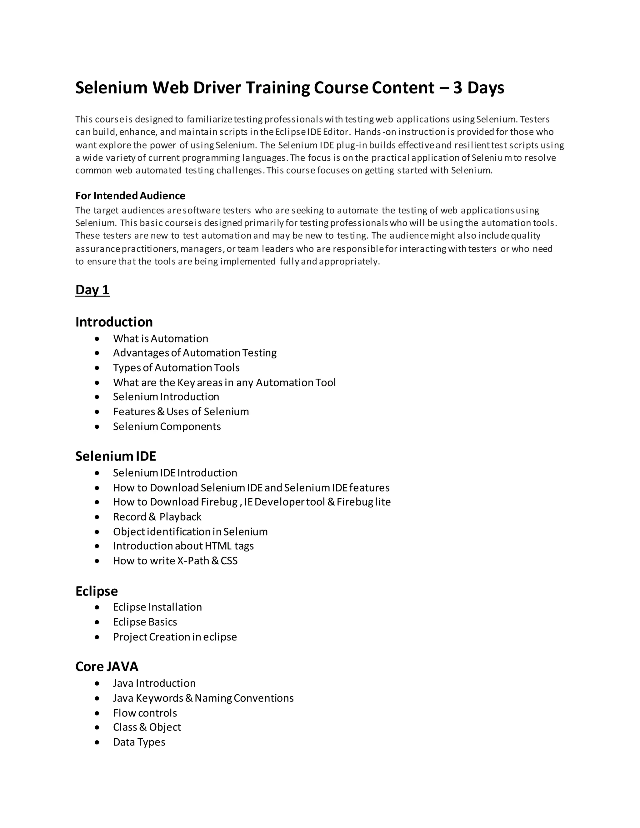 Selenium Training Coursecontent3days Pdf 