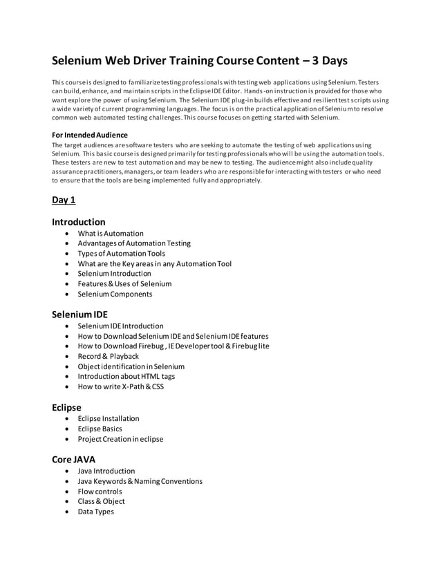 Selenium training course_content_3_days | DOCX | Web Development | Internet