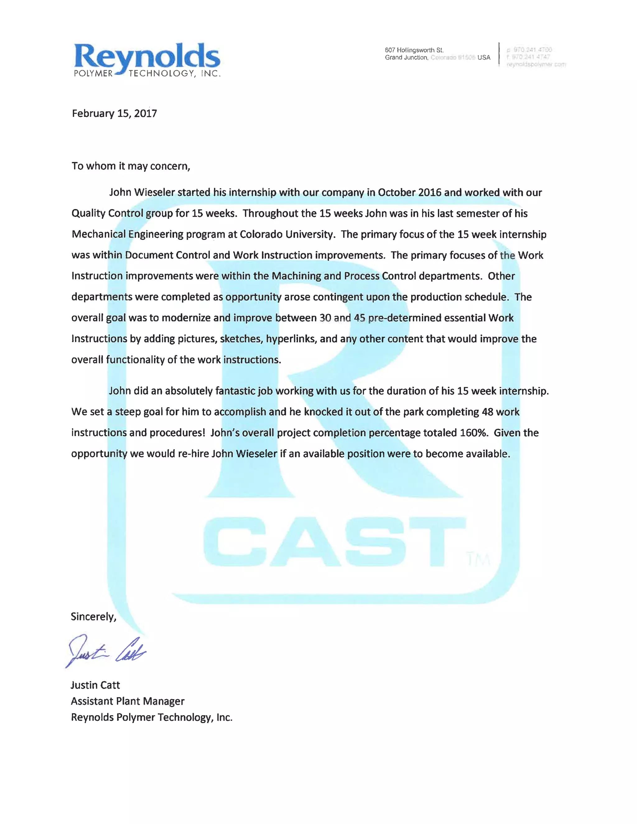 Reconmmendation Letter from Reynolds Polymer | PDF