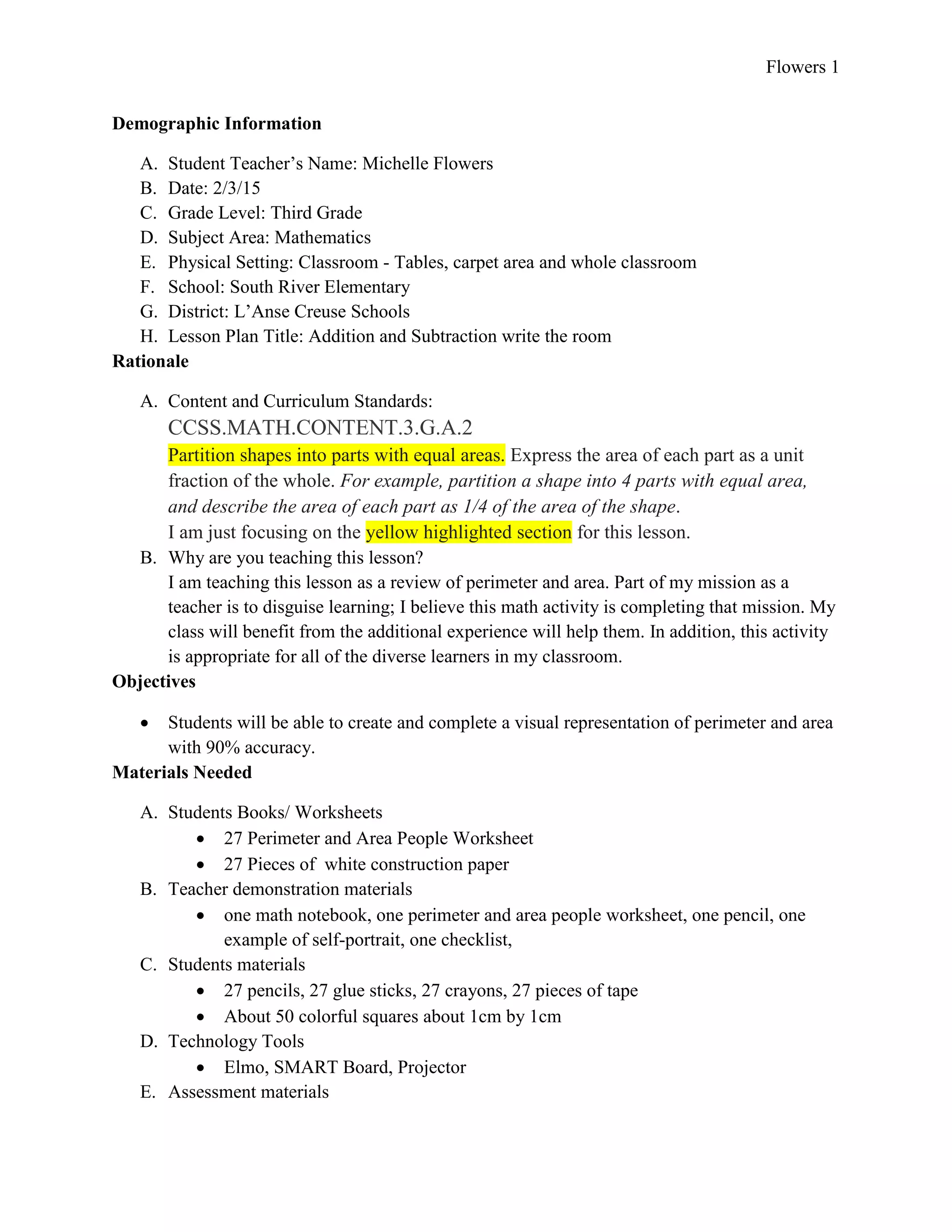 Perimeter and Area People Lesson Plan M FLowers | PDF