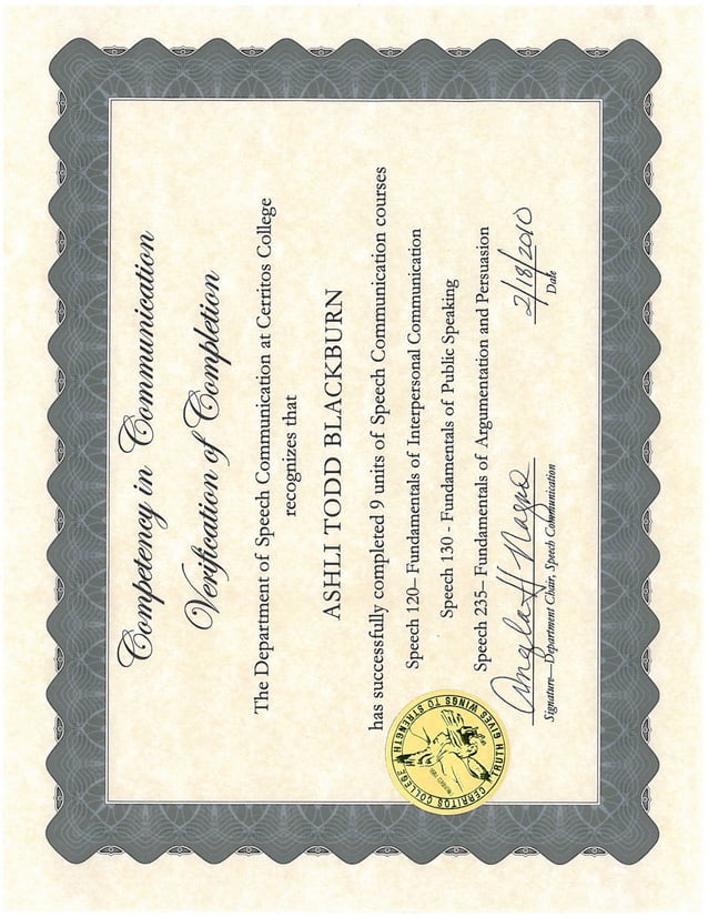 Cerrritos College Speech Compentency Certificate | PDF