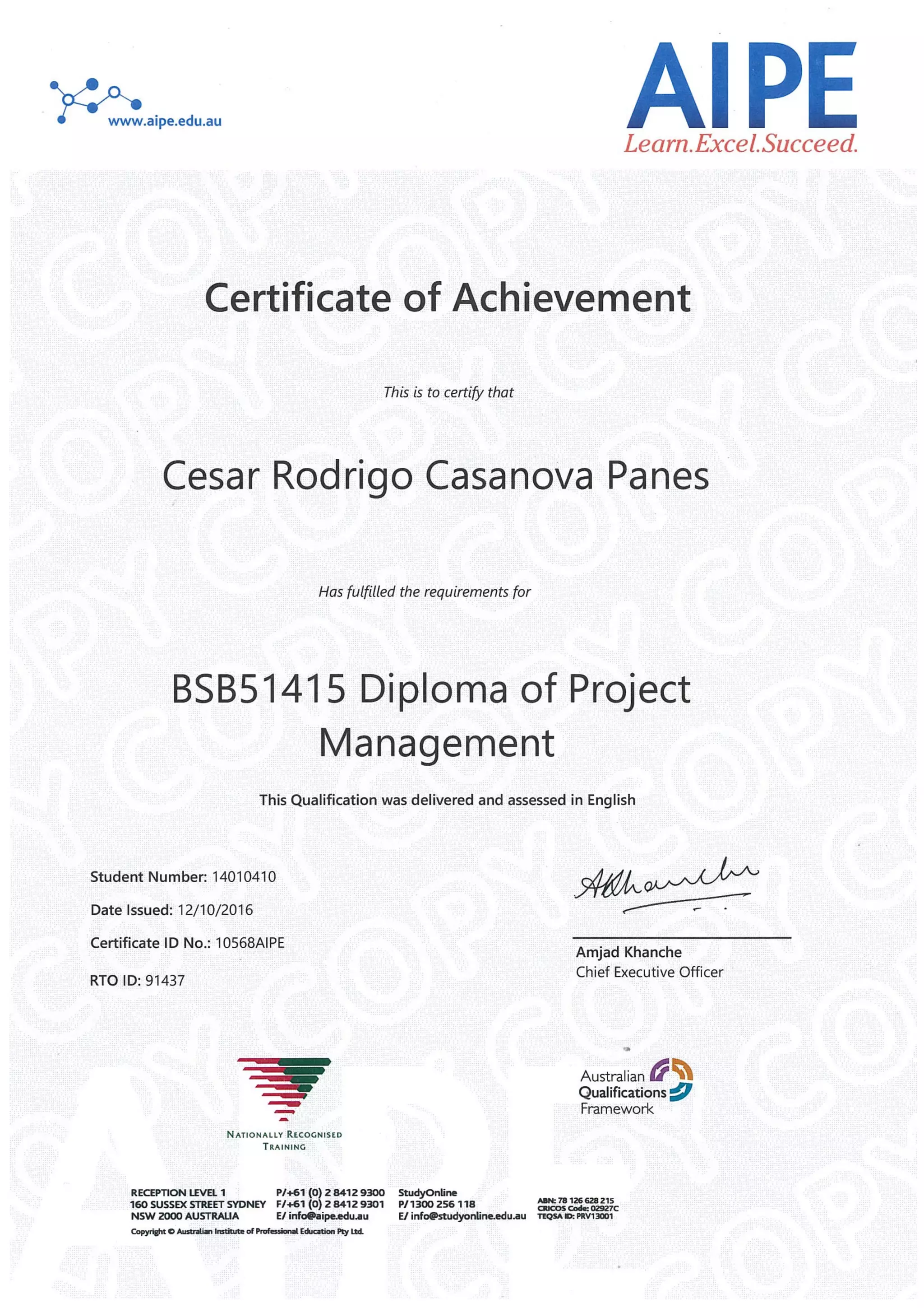 Diploma of Project Management - Certification of Achievement and Mark | PDF