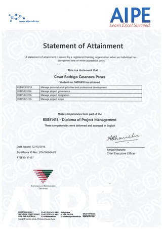 Diploma of Project Management - Certification of Achievement and Mark | PDF