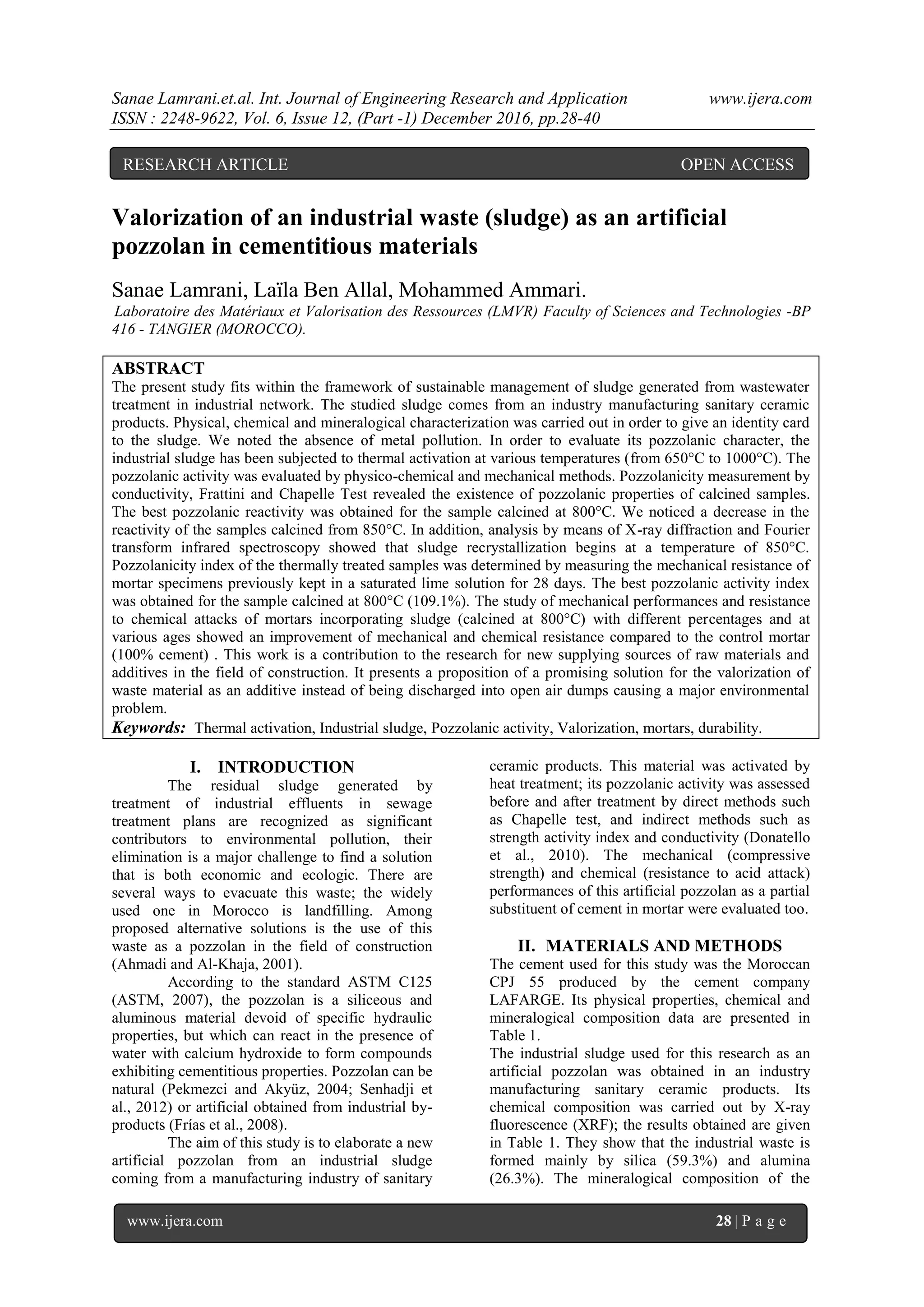 Valorization of an industrial waste (sludge) as an artificial pozzolan ...