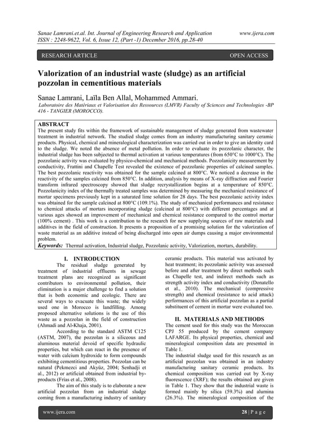 Valorization of an industrial waste (sludge) as an artificial pozzolan in cementitious materials ...