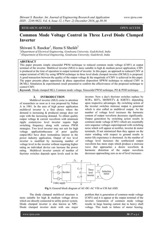 Common Mode Voltage Control In Three Level Diode Clamped Inverter Pdf