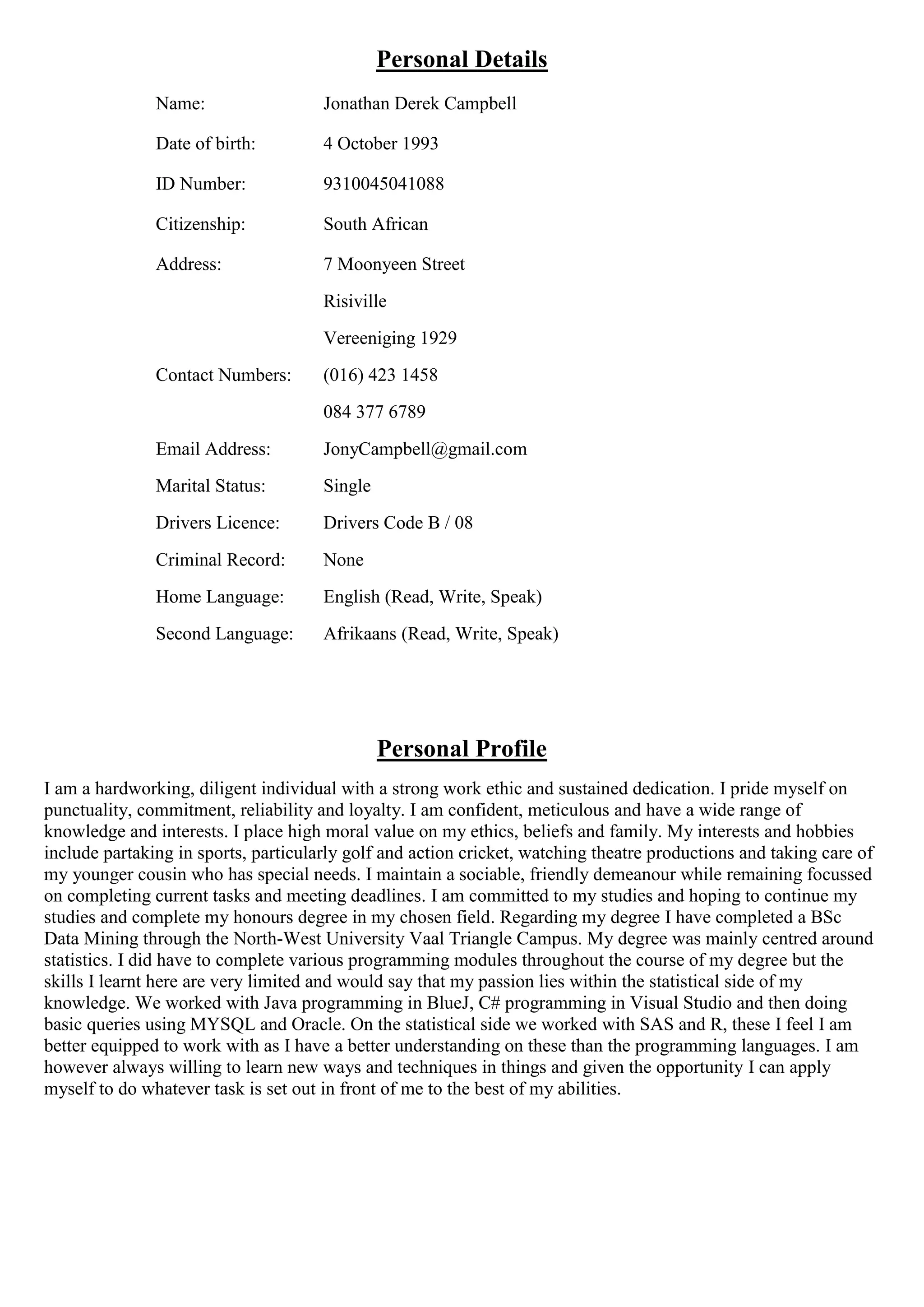 CURRICULUM VITAE OF JONATHAN DEREK CAMPBELL | PDF