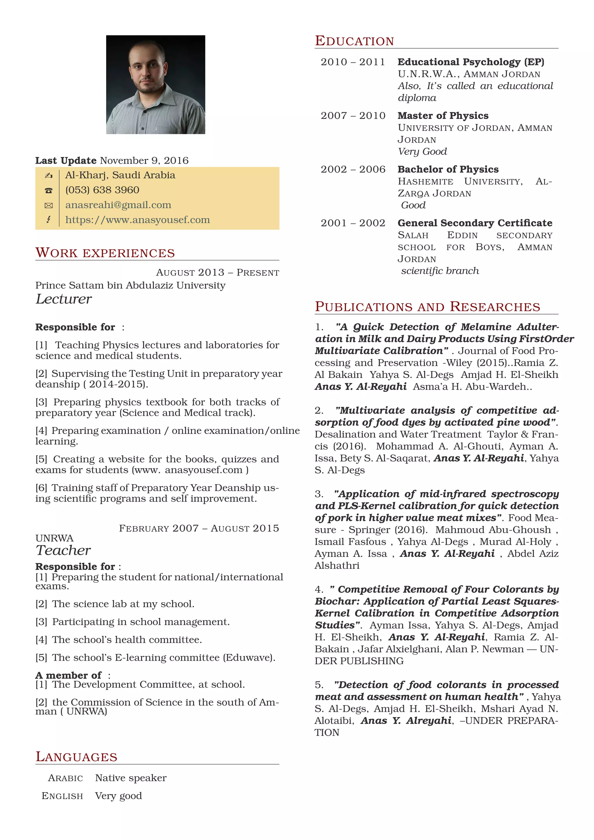 anas yousef CV - physics e new 2016 LaTeX | PDF | Education