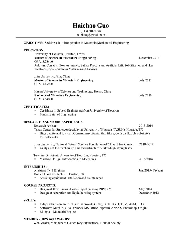 Resume-haichao | PDF | Civil Engineering Industry | Industries