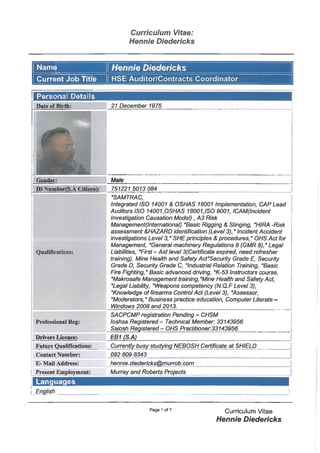 H Diedericks CV and Certs 2016 | PDF
