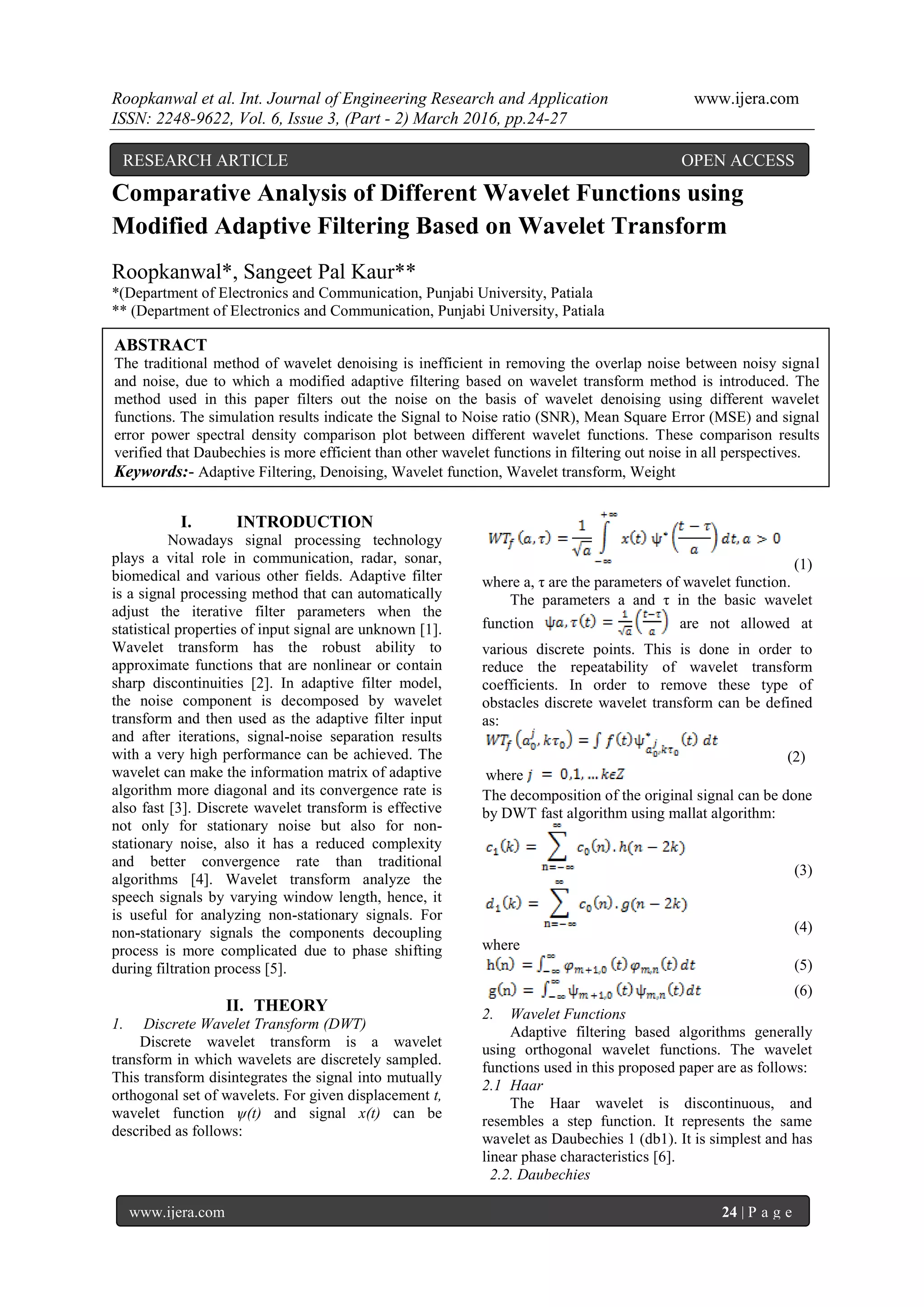 Comparative Analysis Of Different Wavelet Functions Using Modified