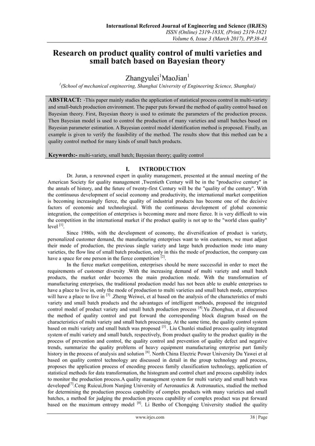 Research on product quality control of multi varieties and small batch based on Bayesian theory ...