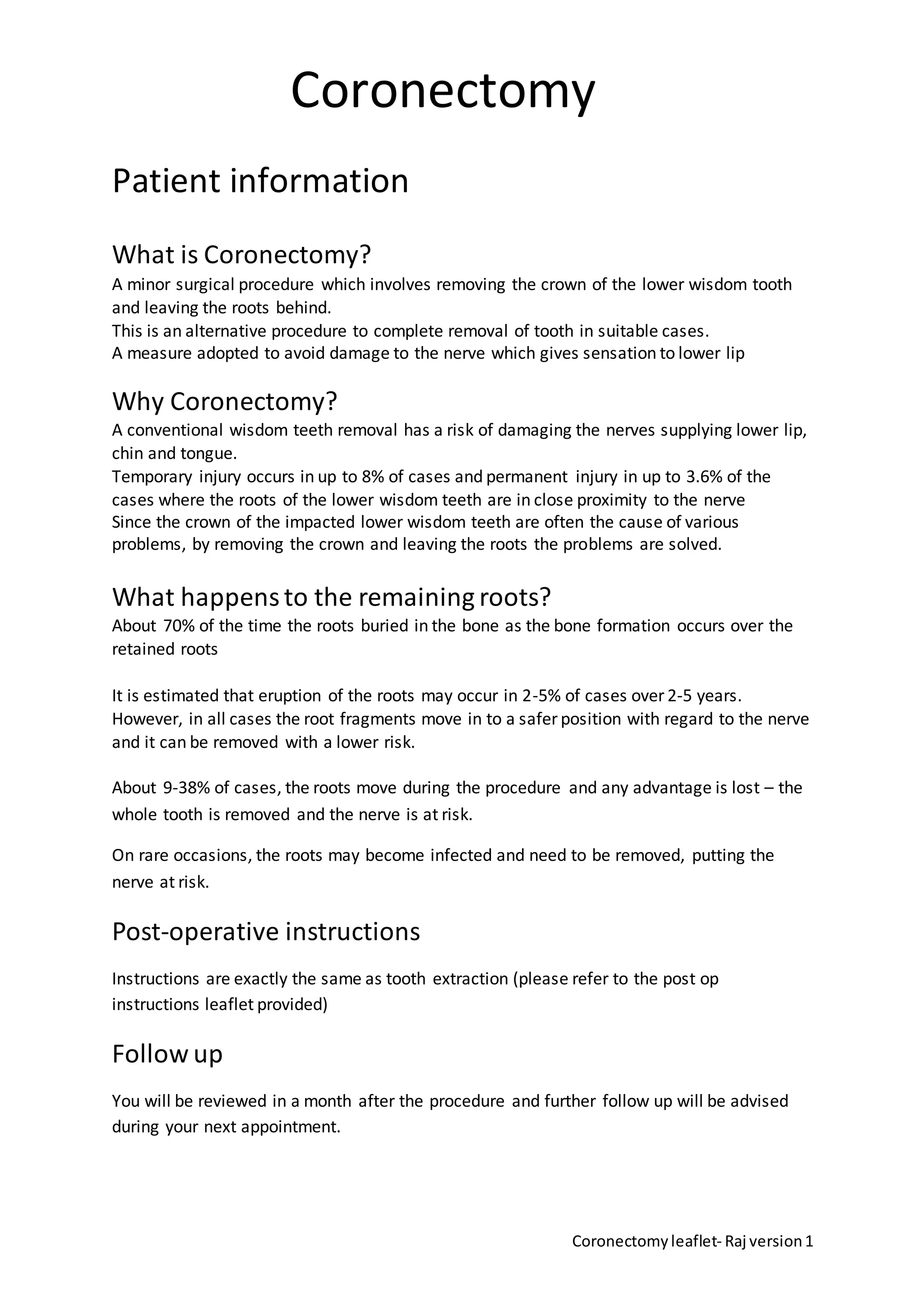 Coronectomy patient leaflet | DOCX