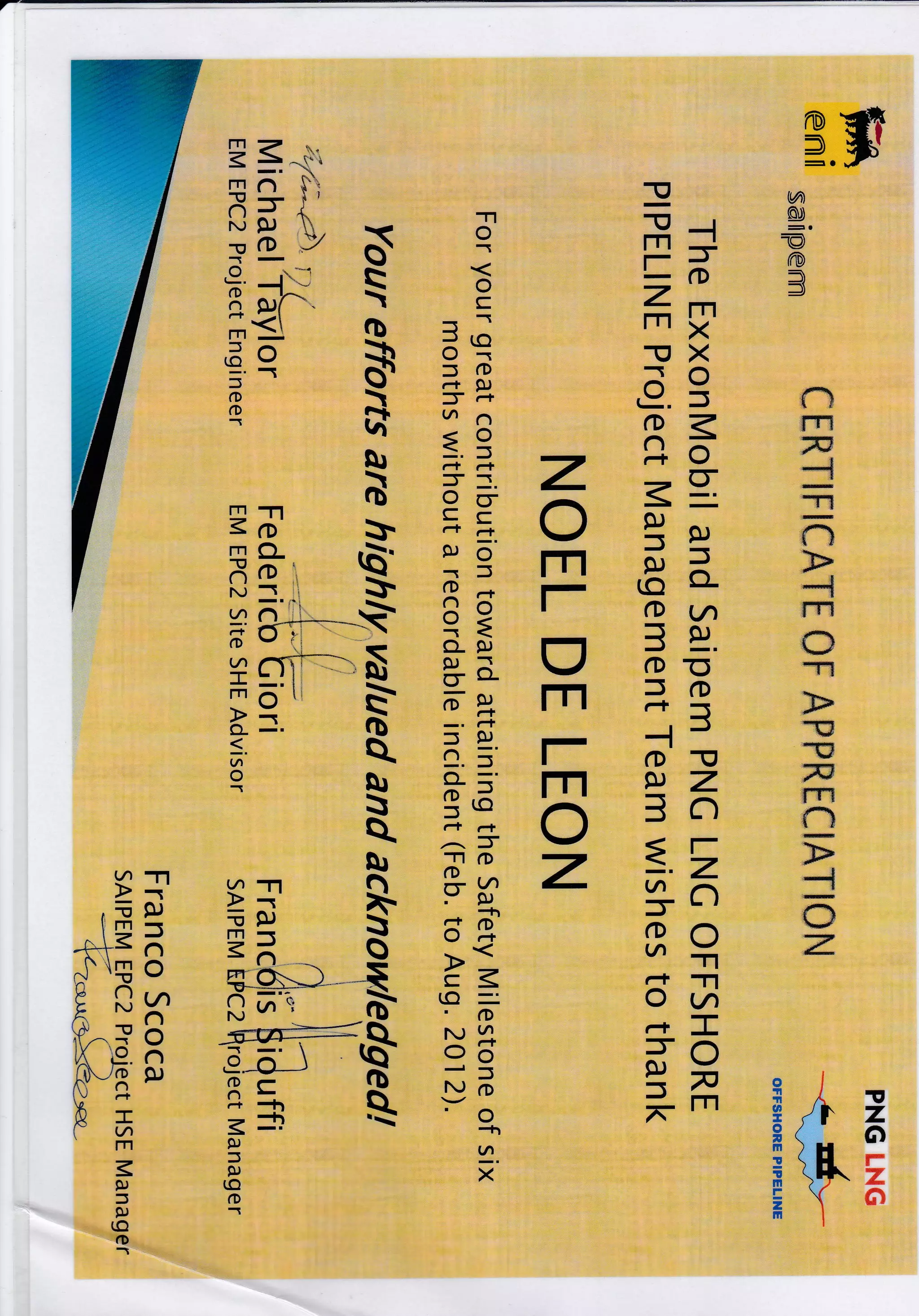 Certificate of Appreciation - PNG LNG Offshore Pipeline Project | PDF