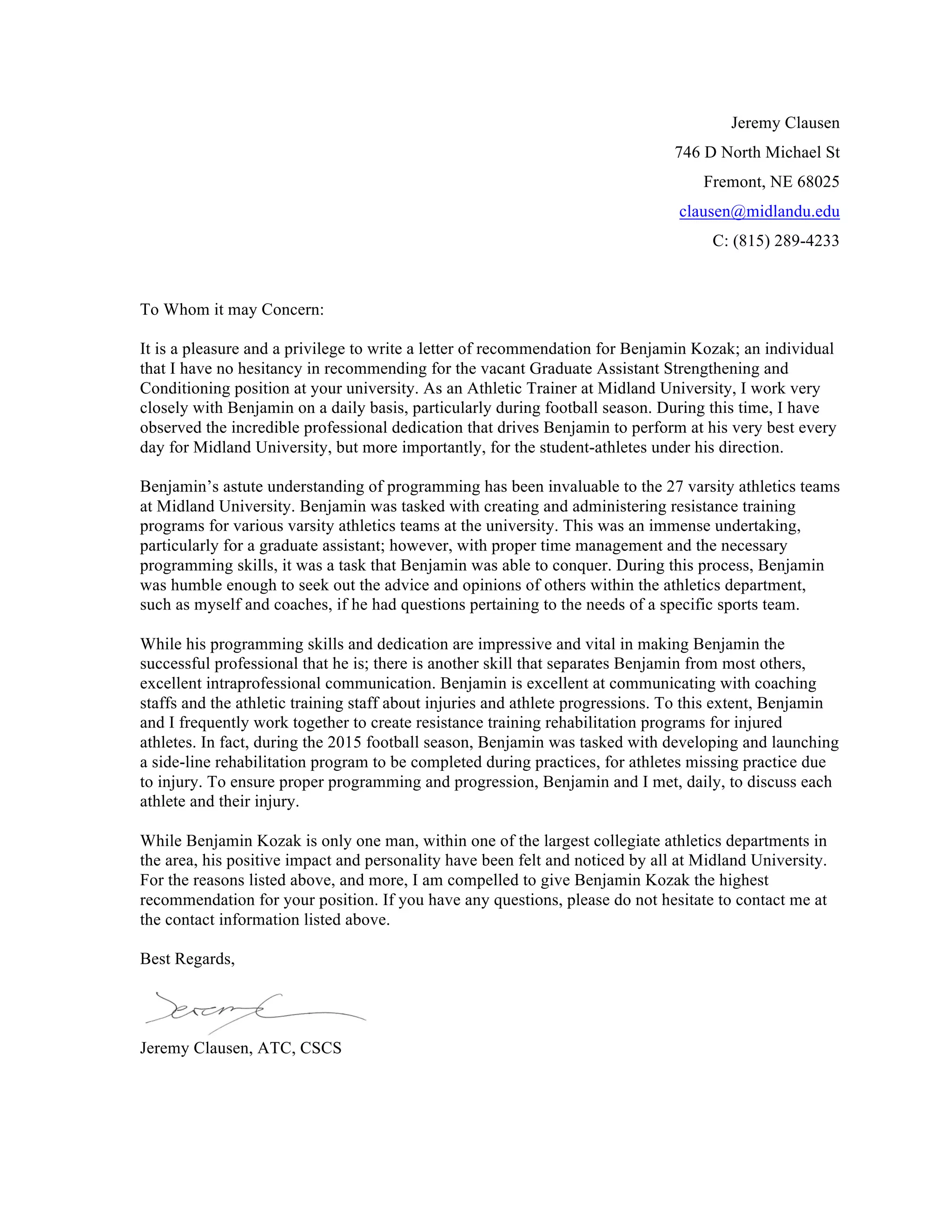 Letters of Rec Benjamin K Kozak | PDF