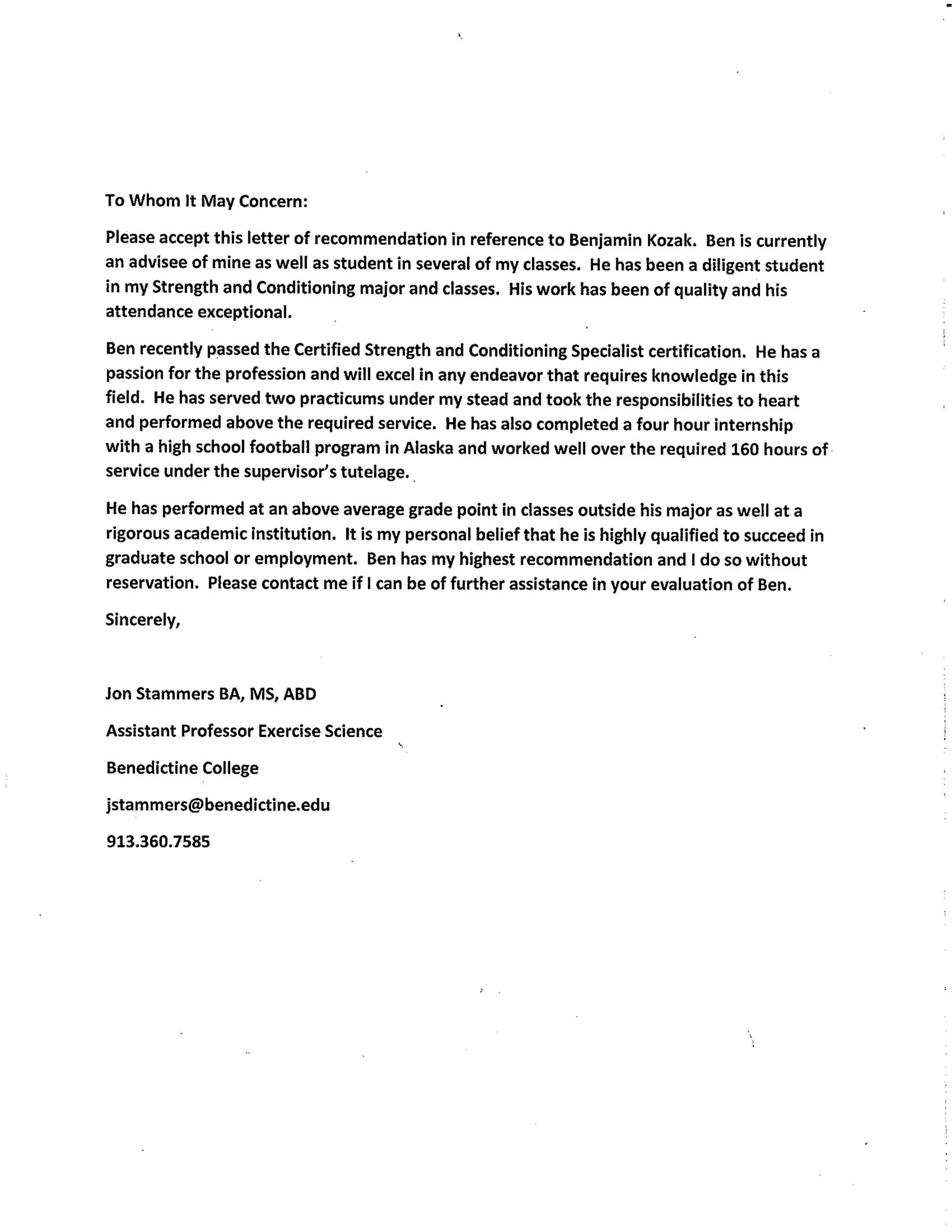 Letters of Rec Benjamin K Kozak | PDF