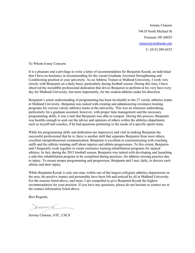 Letters of Rec Benjamin K Kozak | PDF