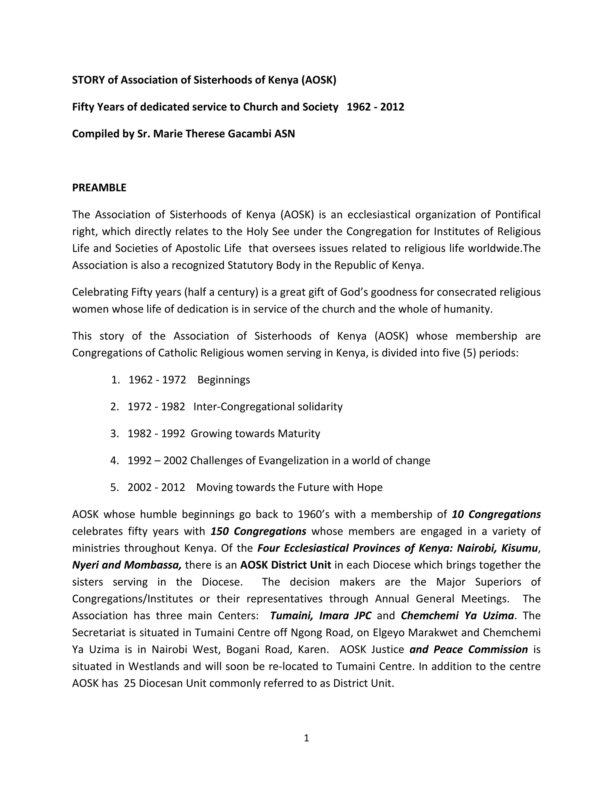 STORY OF ASSOCIATION OF SISTERHOODS OF KENYA 2012 | PDF