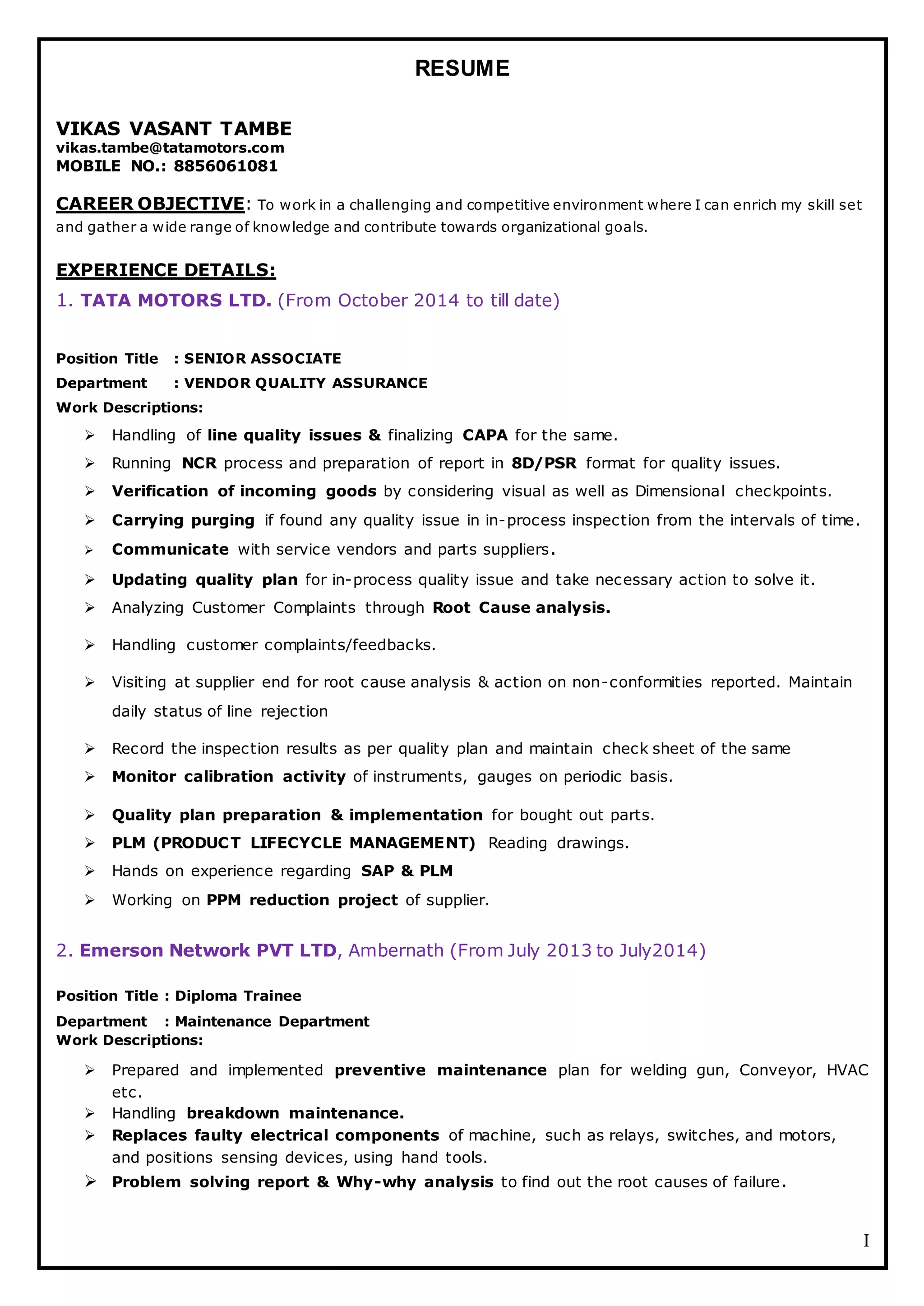 VIKAS TAMBE RESUME | DOCX