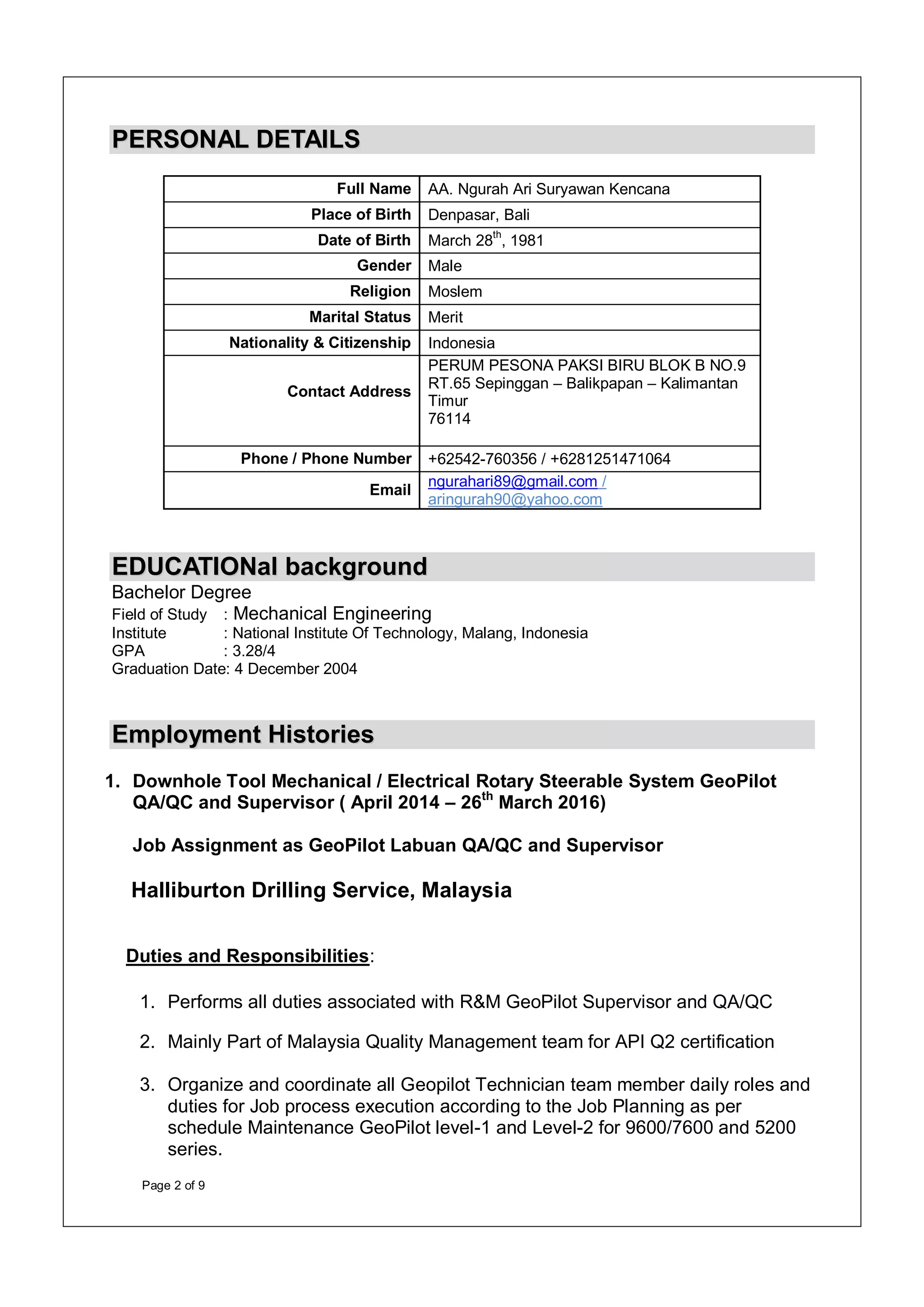 CV Ngurah Ari updated 1st April 2016 Rev1 | PDF