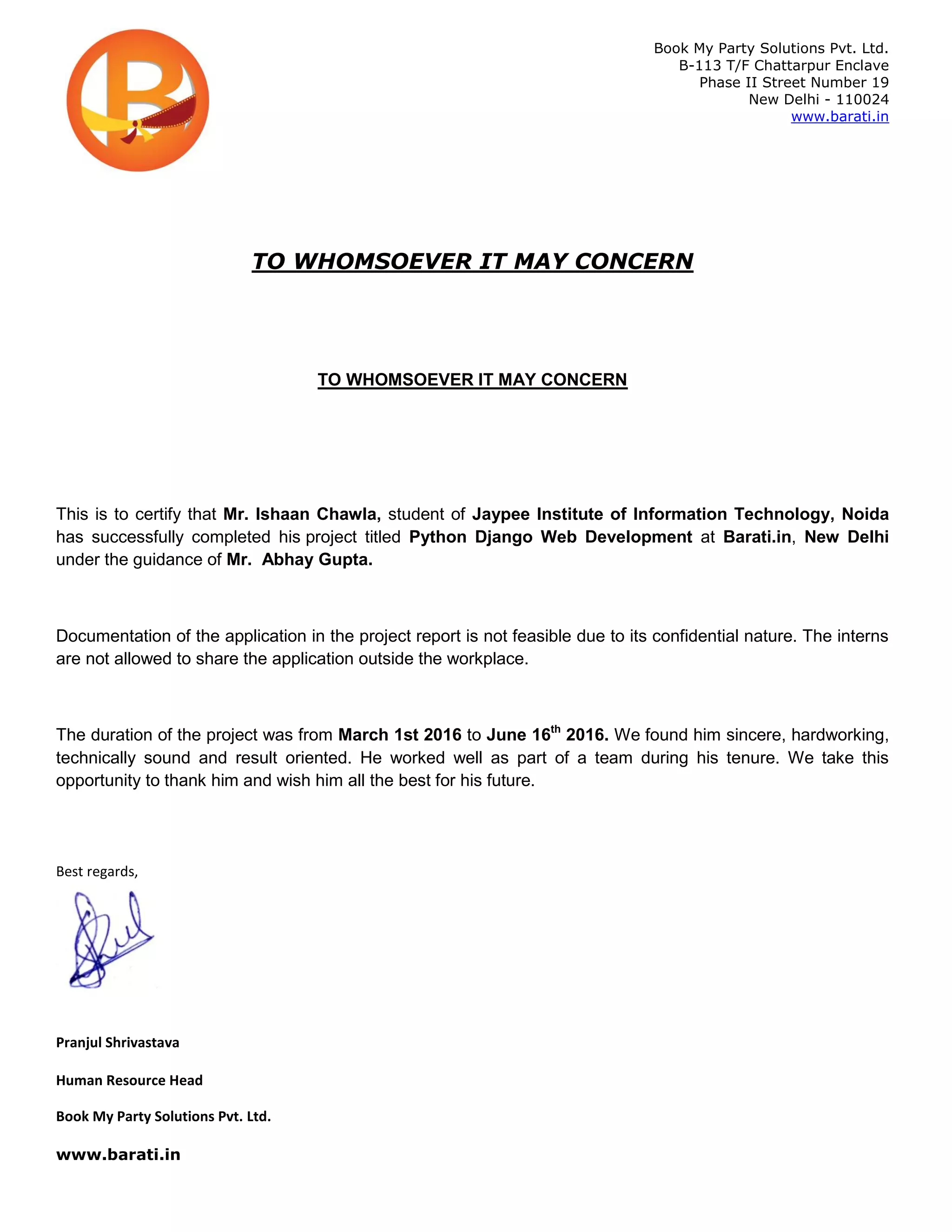 Barati Internship LOR | PDF