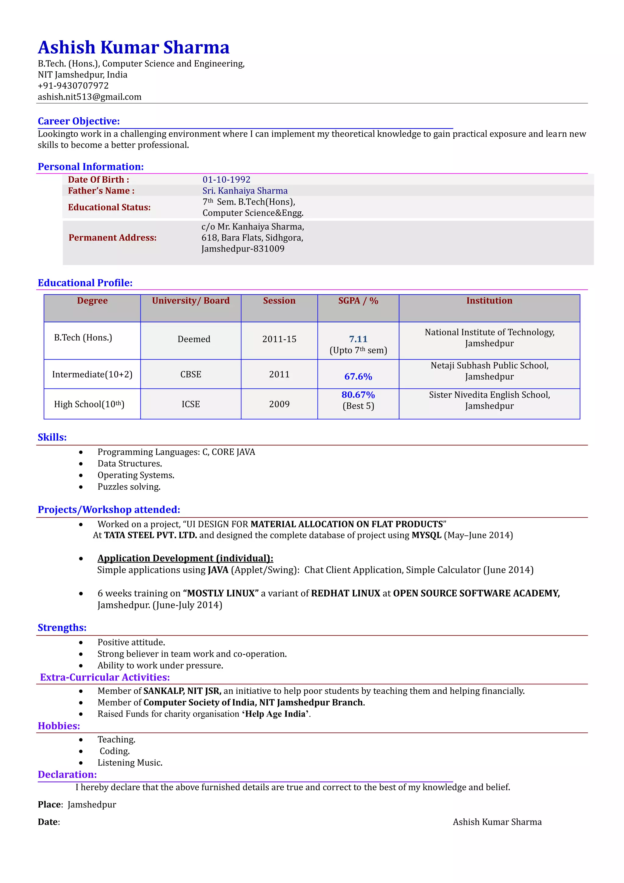 ASHISH_KUMAR_SHARMA_NIT_JAMSHEDPUR_513 | PDF | Programming Languages | Computing