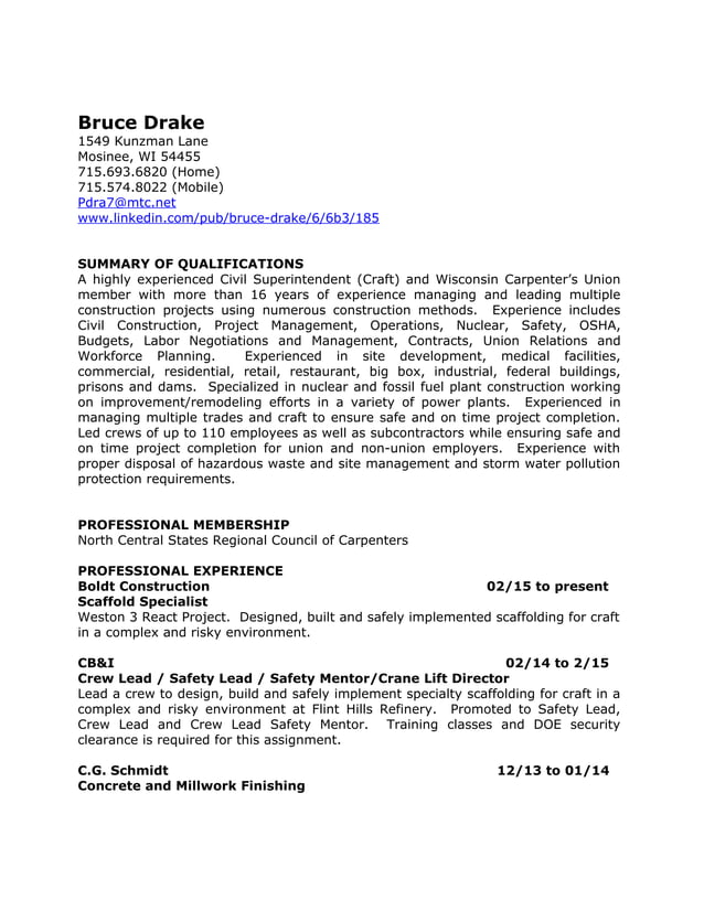 Bruce Drake Resume and Certifications | DOC | Civil Engineering ...
