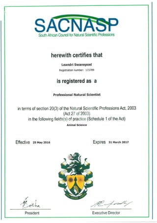 Leandri Swanepoel - SACNASP Registration | PDF
