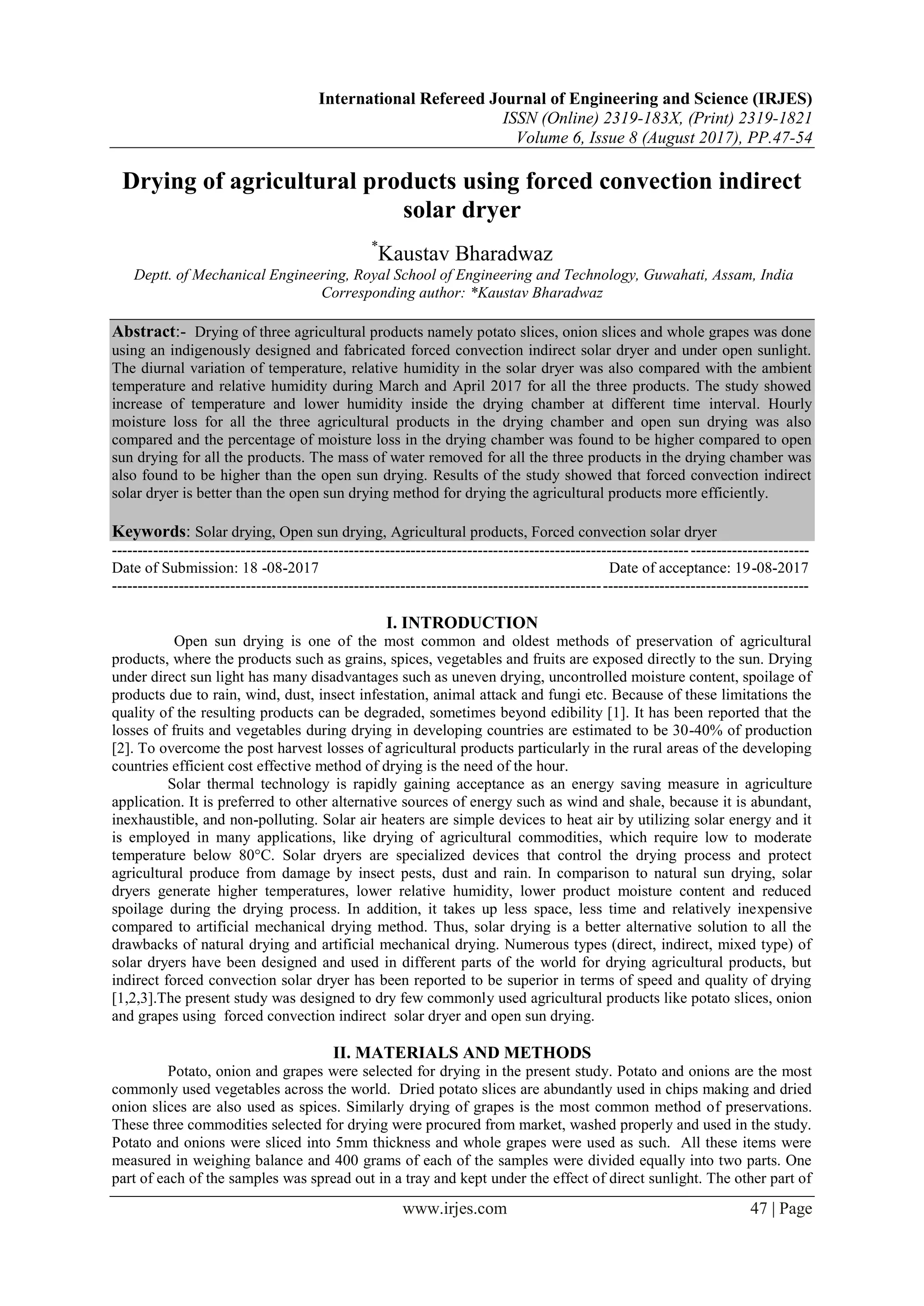 Drying of agricultural products using forced convection indirect solar dryer | PDF