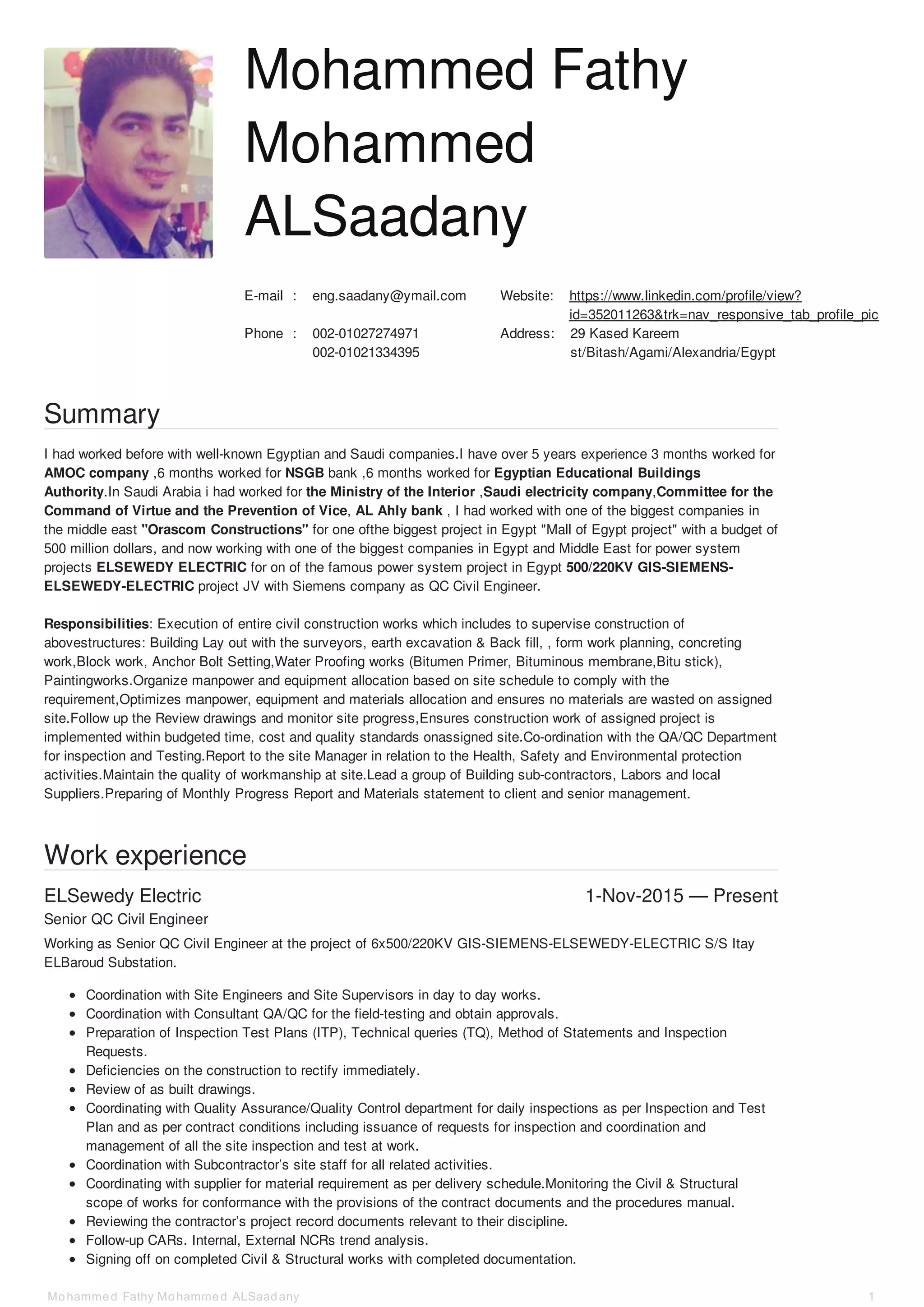 Mohammed ALSaadany-Senior Civil Engineer CV. | PDF