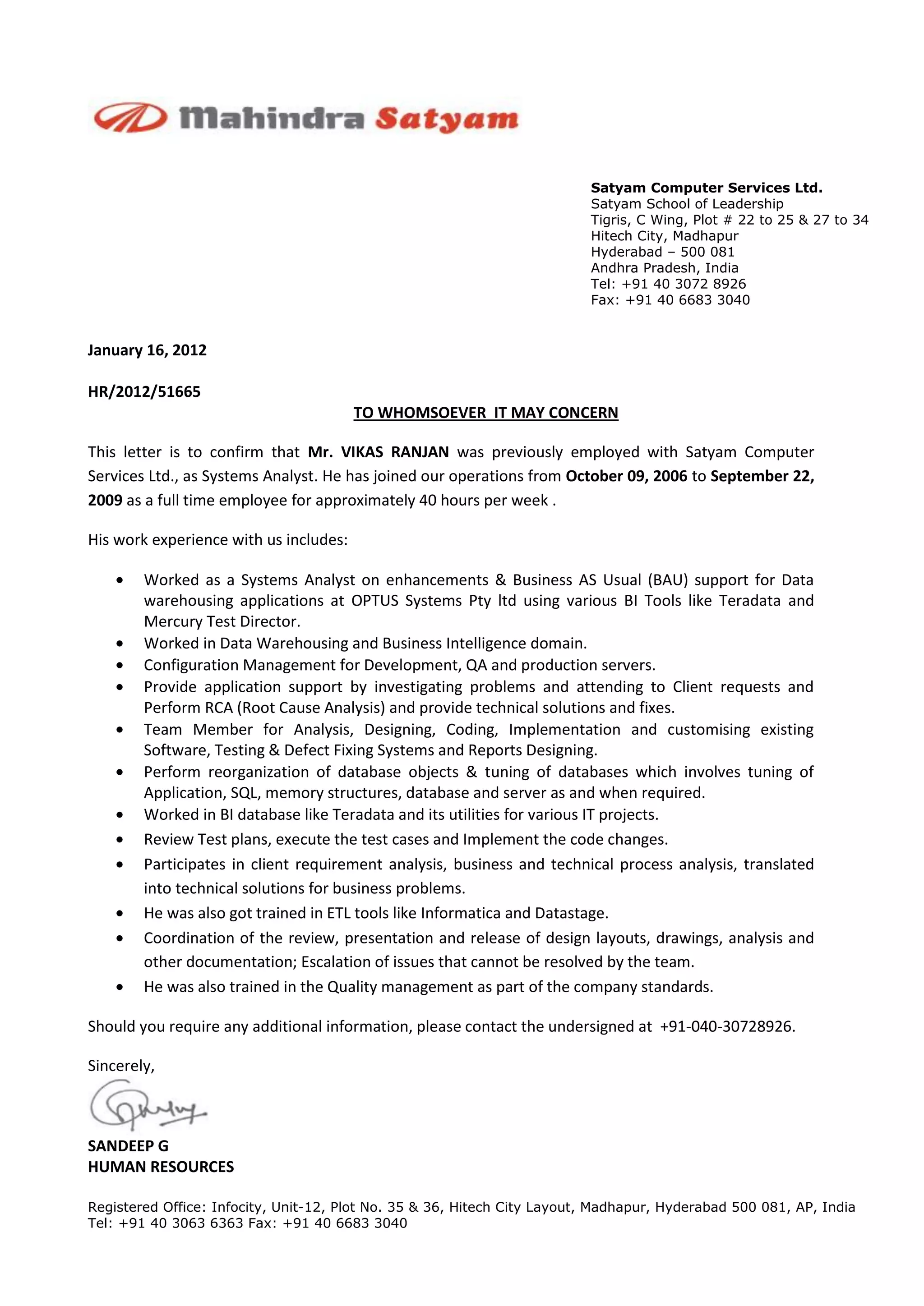 Previous Employer (Mahindra Satyam) Service (skill reference)letter | PDF