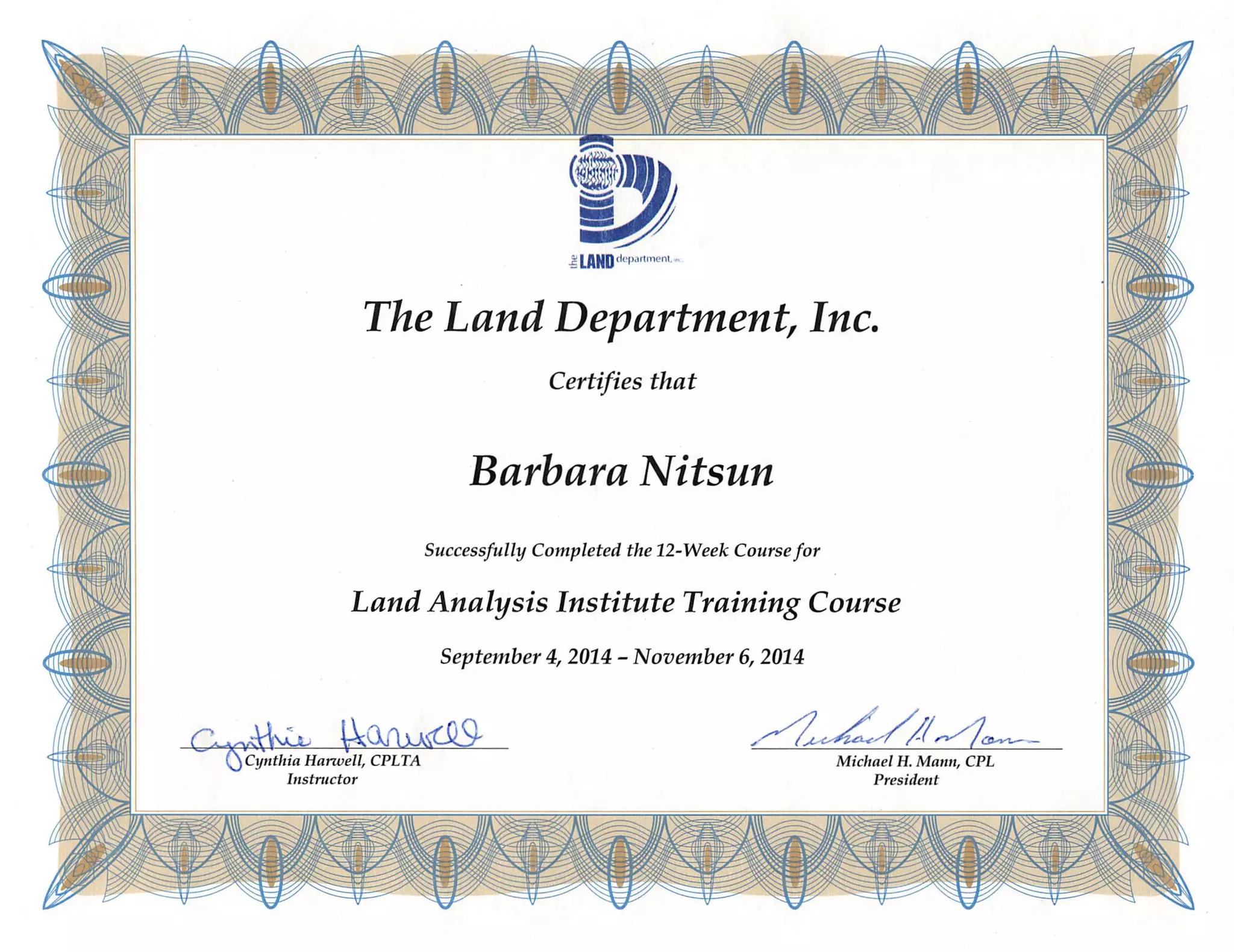 Land Analysis Institute Certificate | PPT