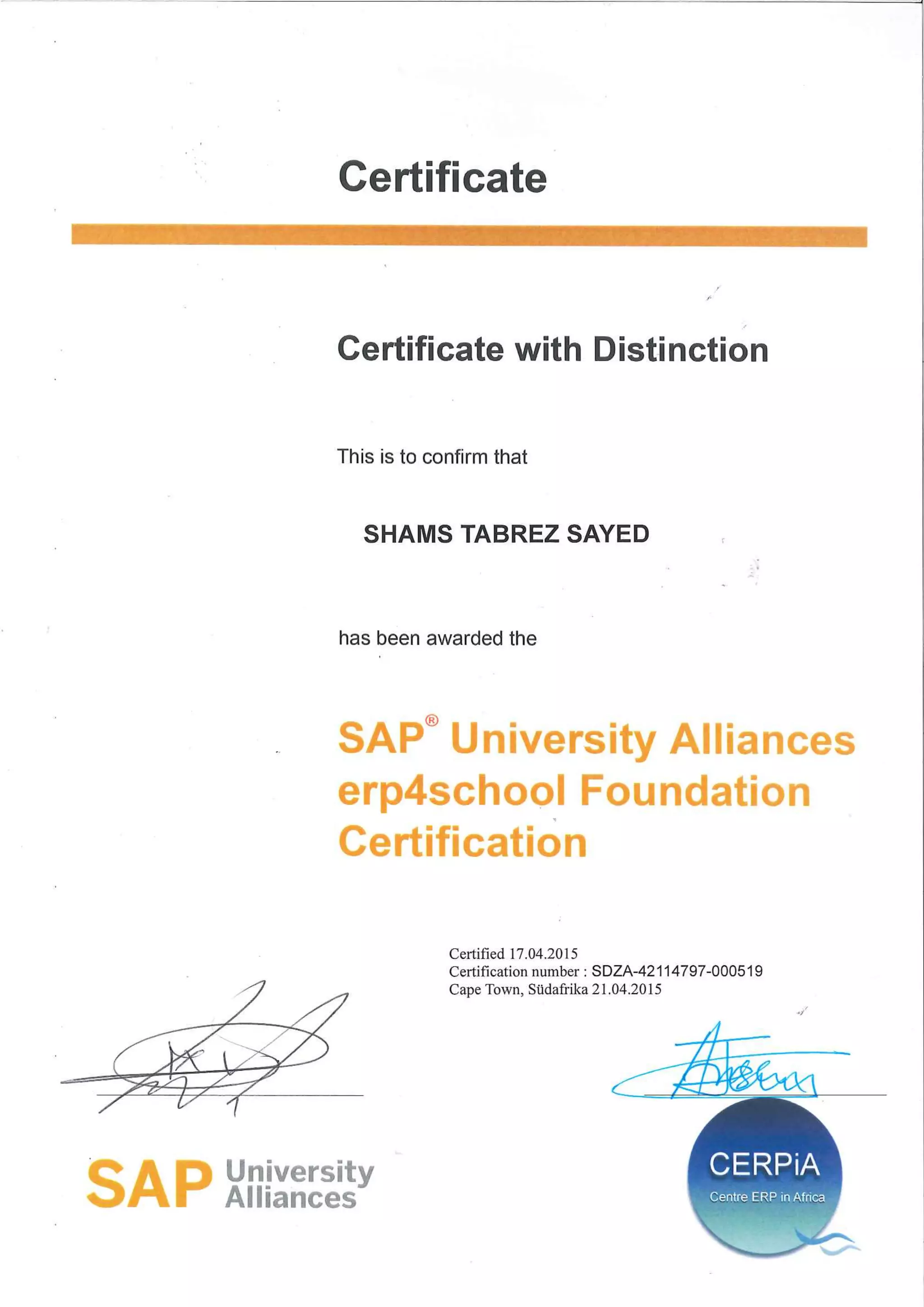 S.Sayed - SAP ERP Certificate | PDF