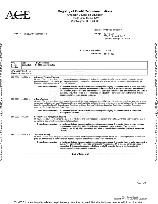 Tyler Guy Ace Transcript | PDF