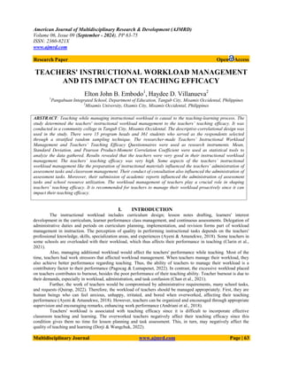 Teachers' Instructional Workload Management and Its Impact on Teaching Efficacy | PDF