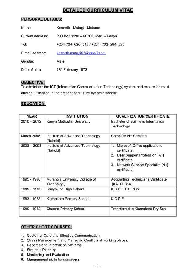 Ken Mutugi Detailed CV | PDF