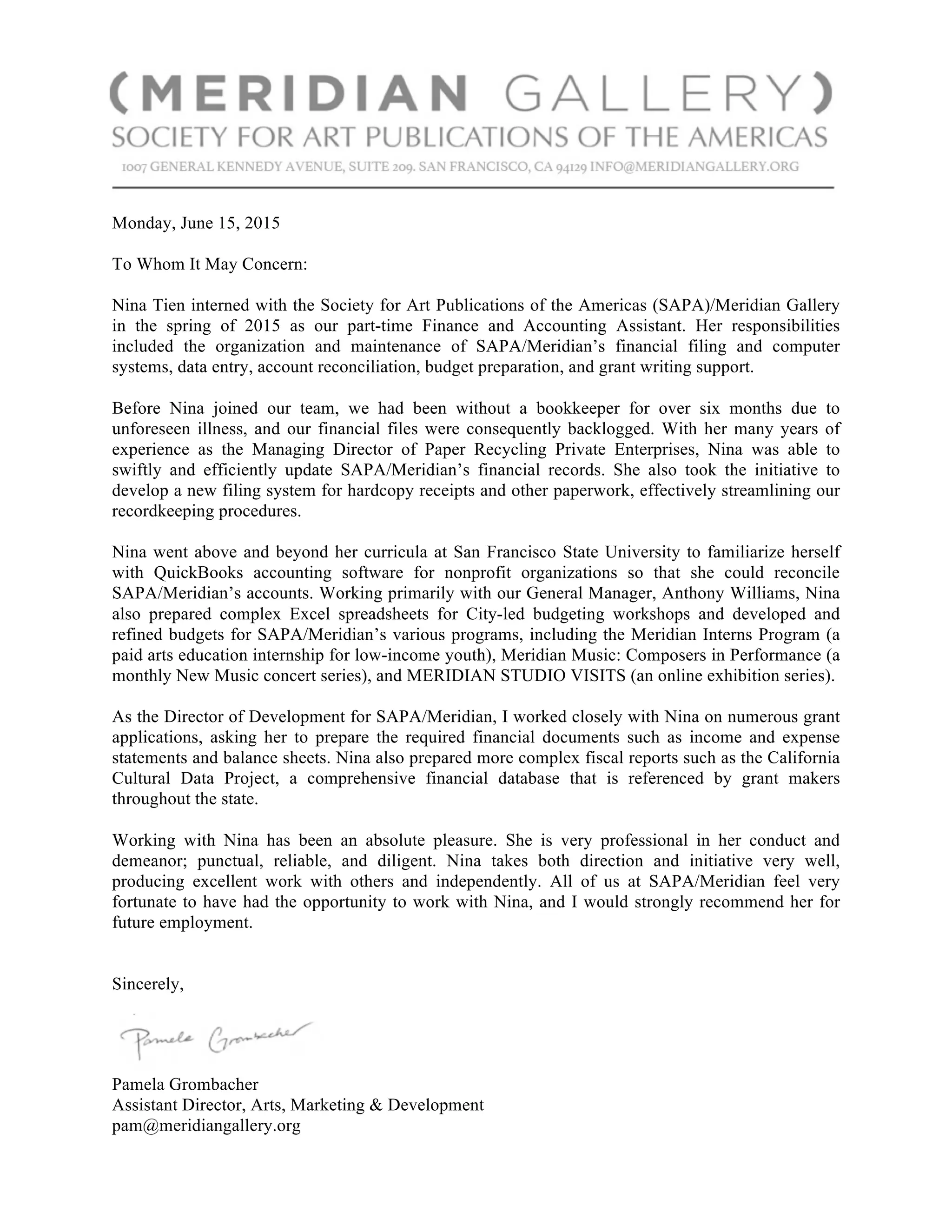 NINA (NGA)TIEN - Recommendation Letter (Meridian Art Gallery) | PDF