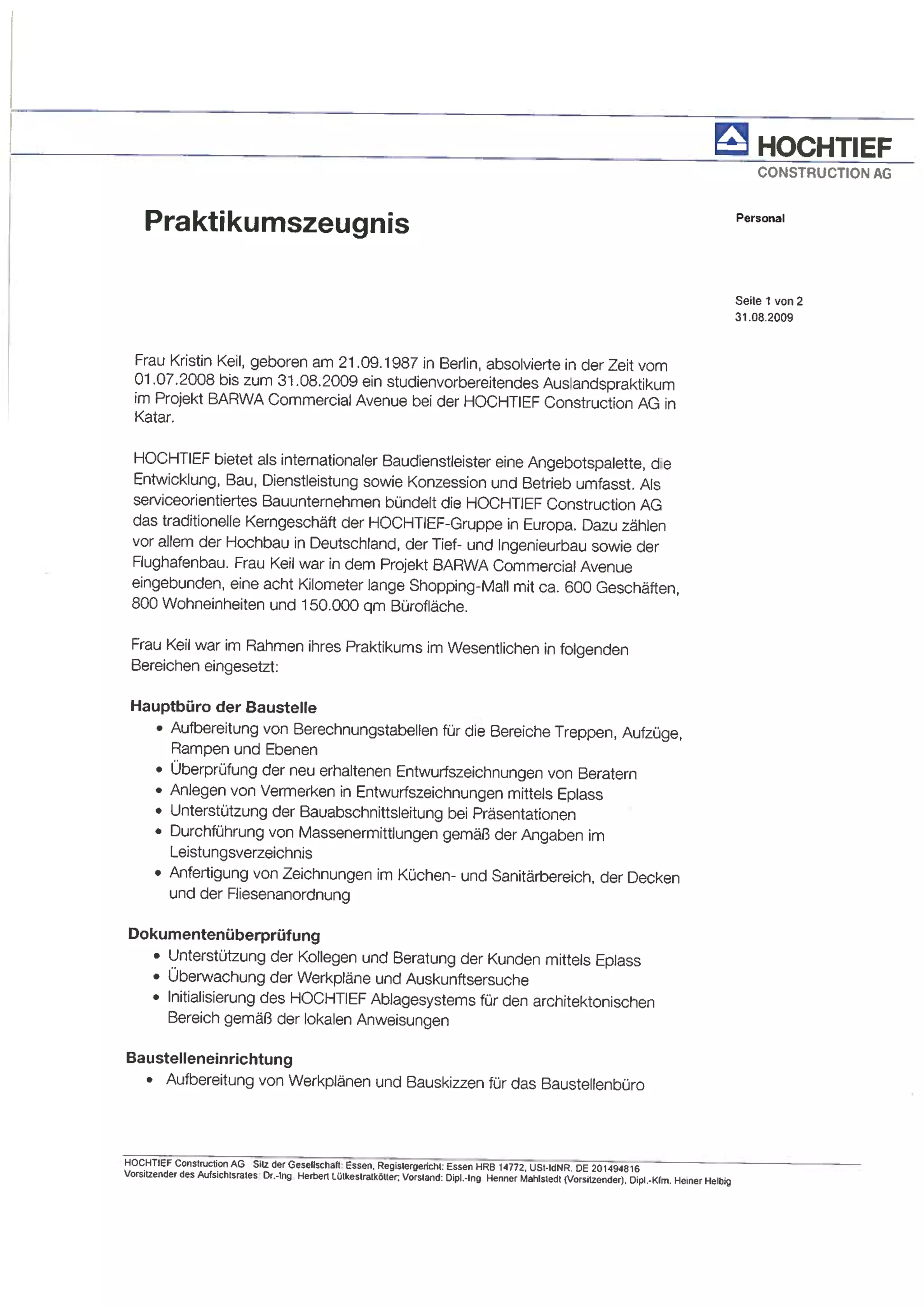 00_Internship Reference Hochtief - Kristin Keil | PDF