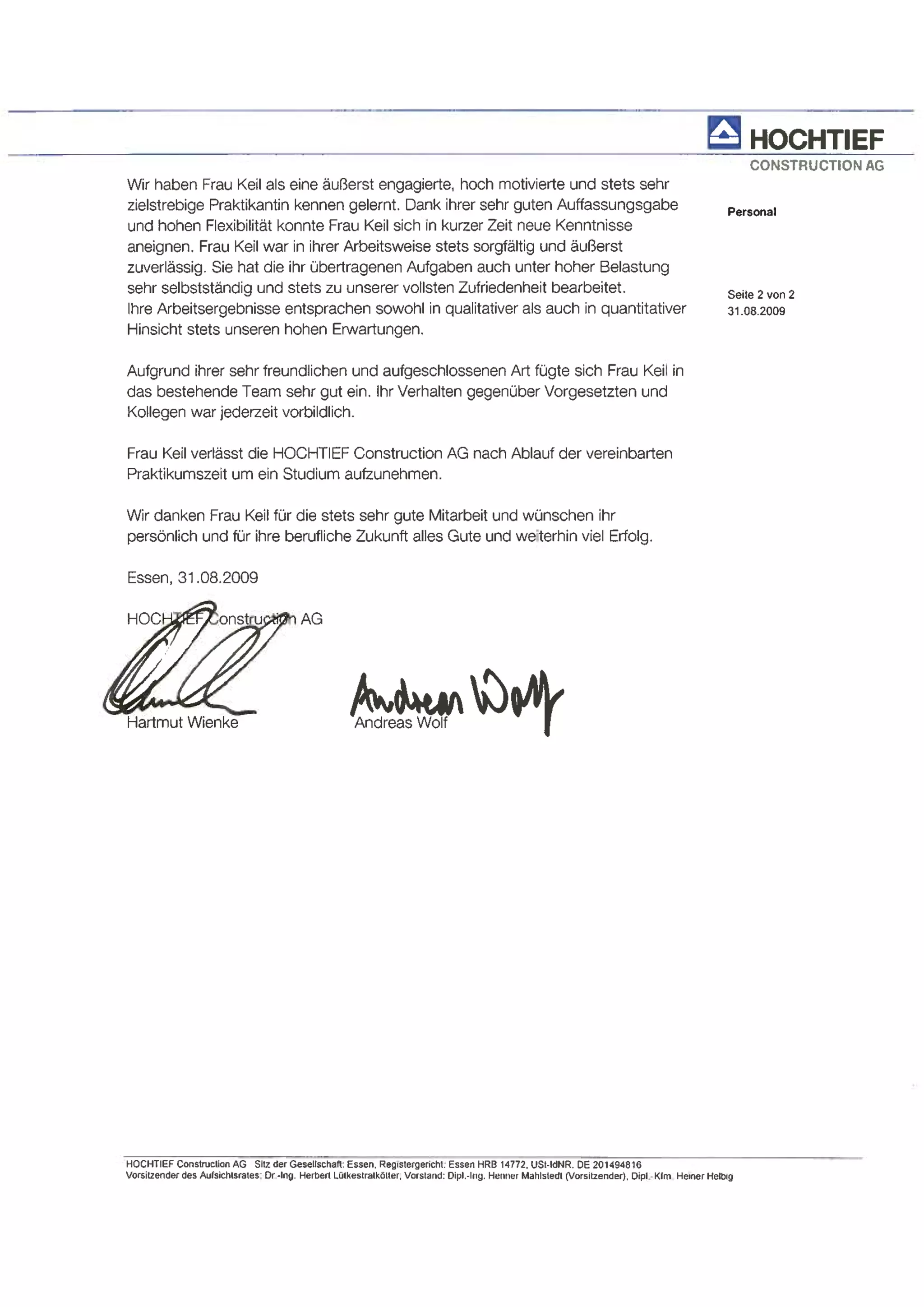 00_Internship Reference Hochtief - Kristin Keil | PDF