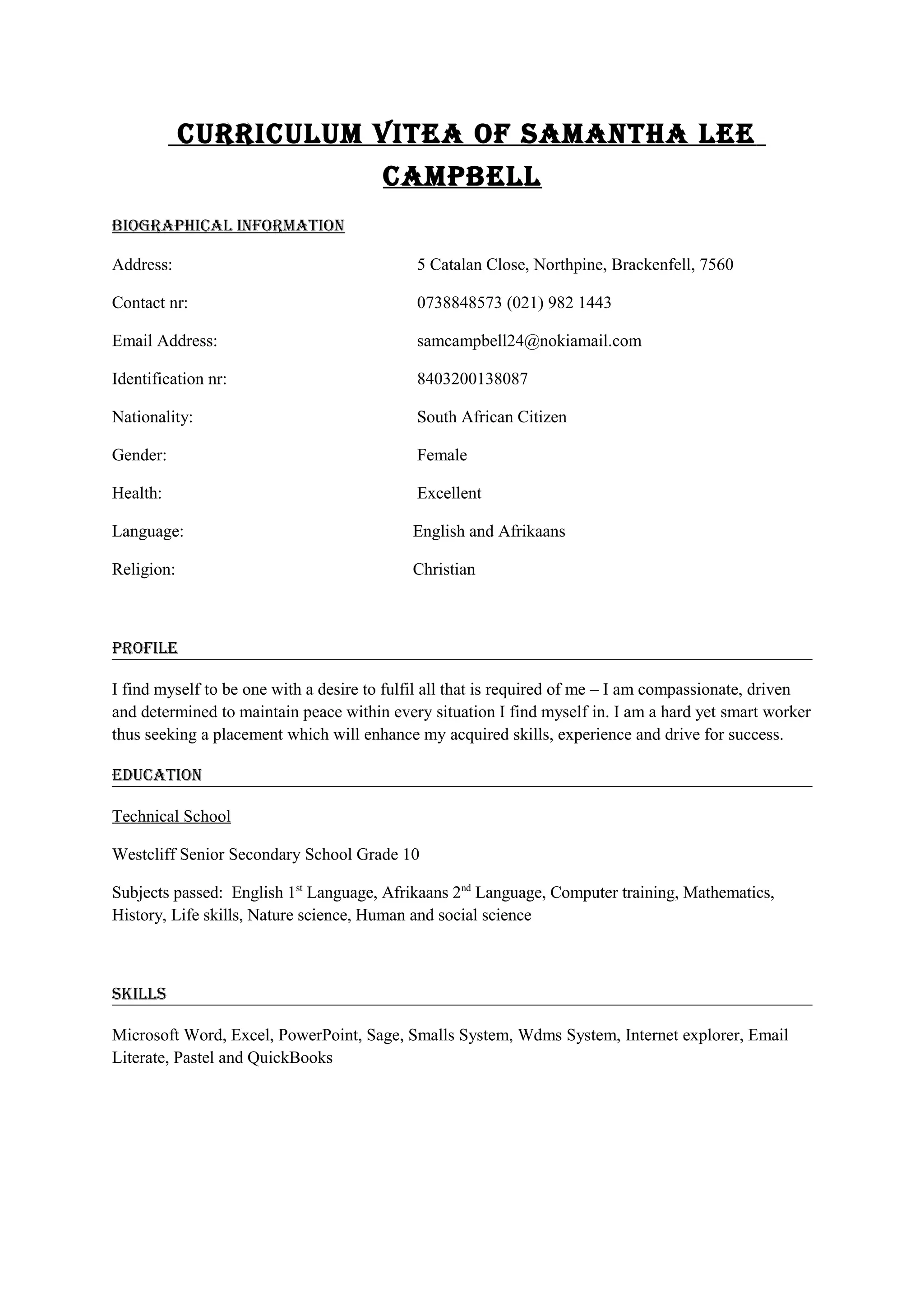 Curriculum Vitea Of Sam | PDF