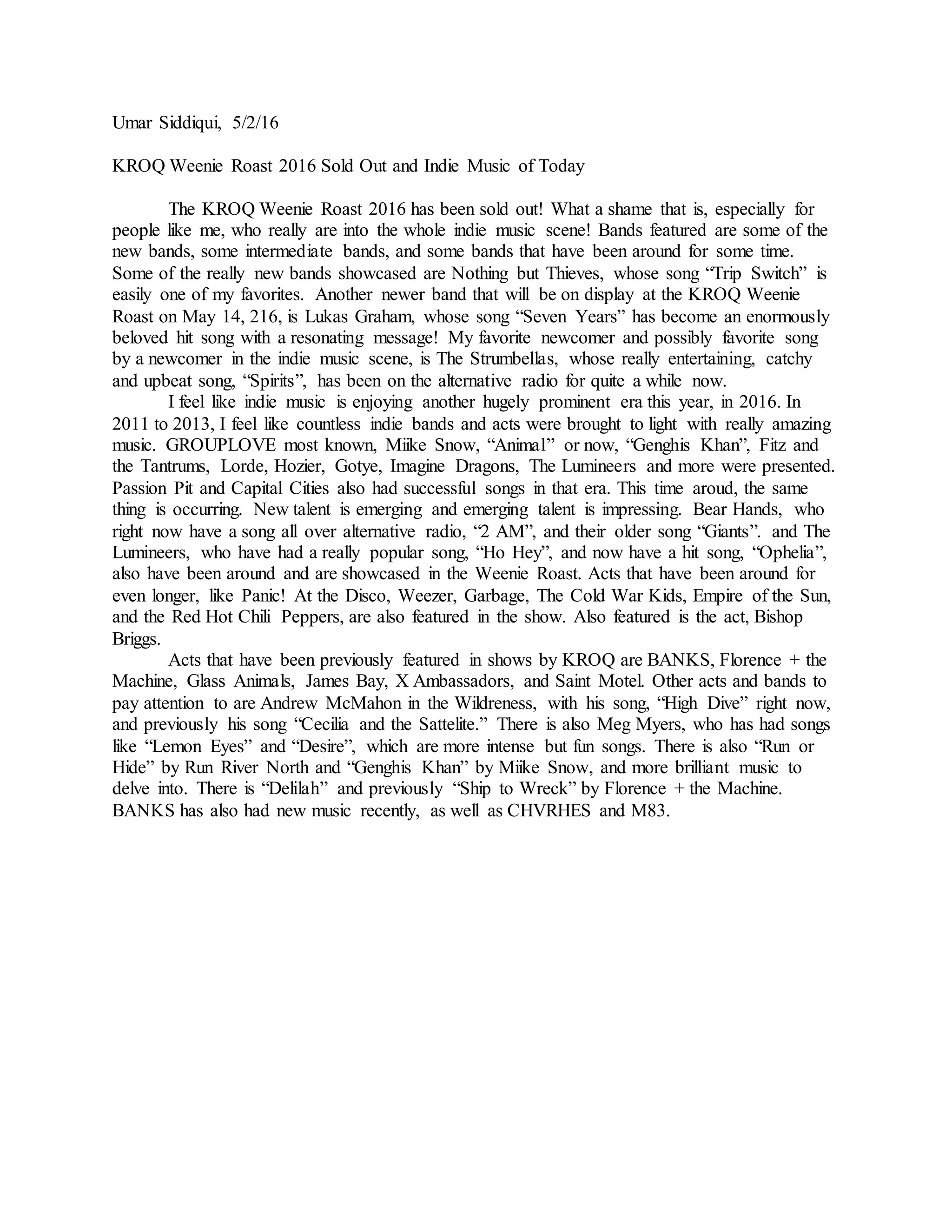 Indie Music Roundup & KROQ | DOCX