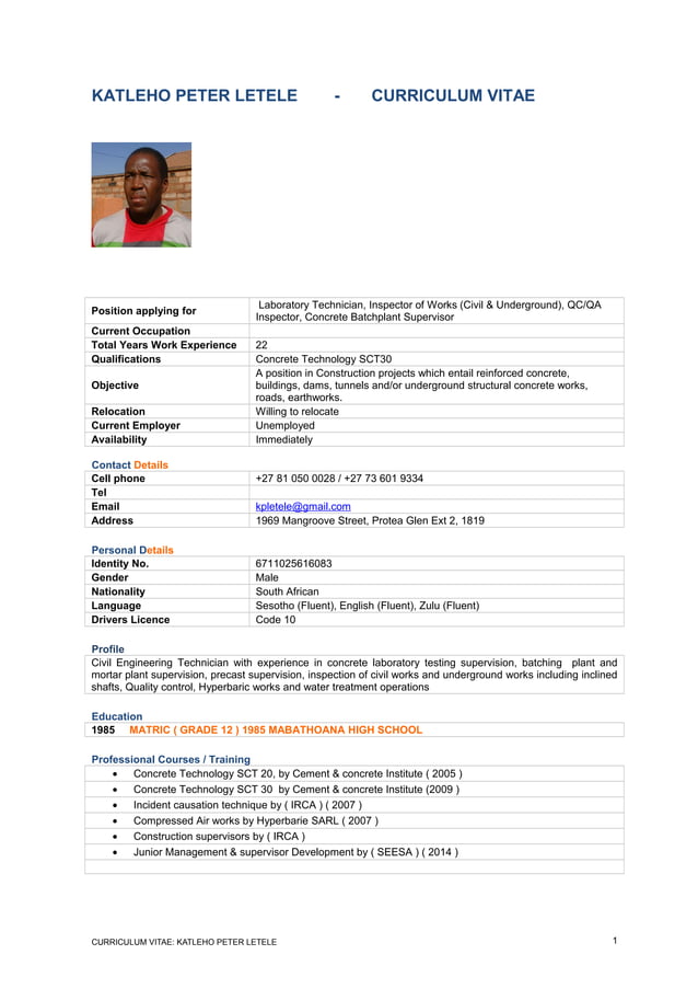 Katleho P LETELE CV with picture | DOC | Civil Engineering Industry ...