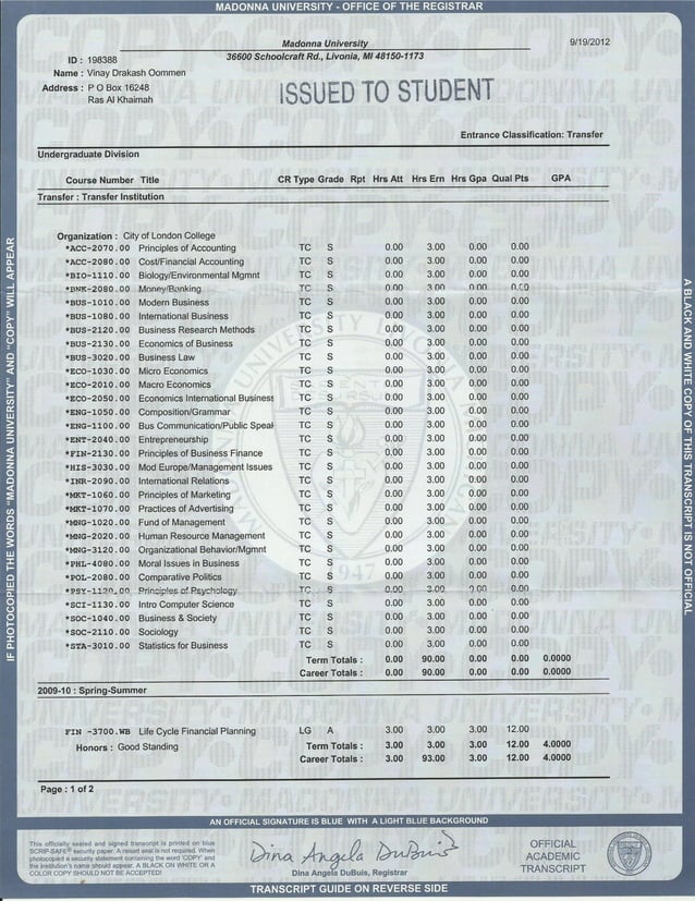 Madonna University Transfer & Transcript | PDF