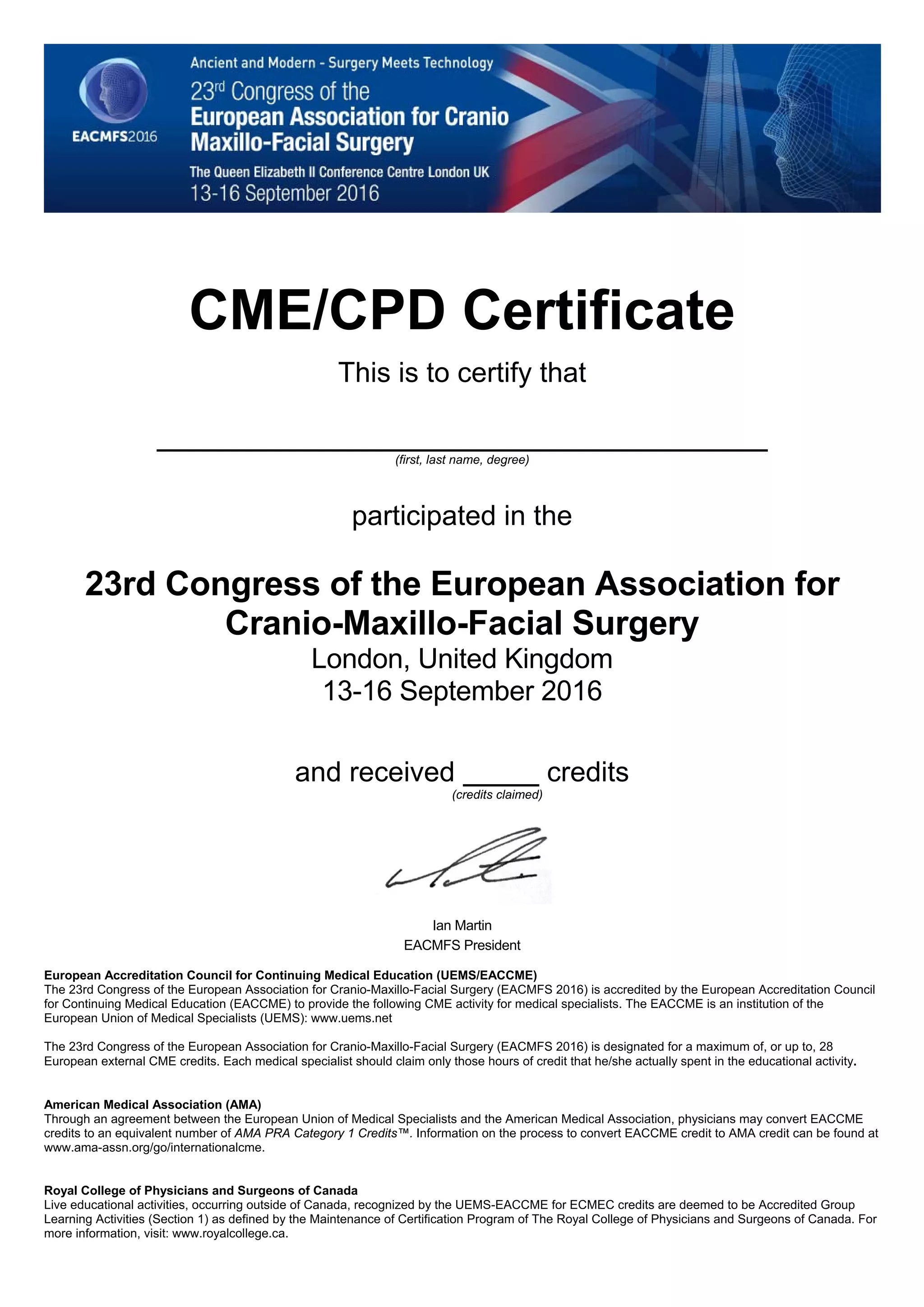 CME-CPD Certificate EACMFS 2016 | PDF