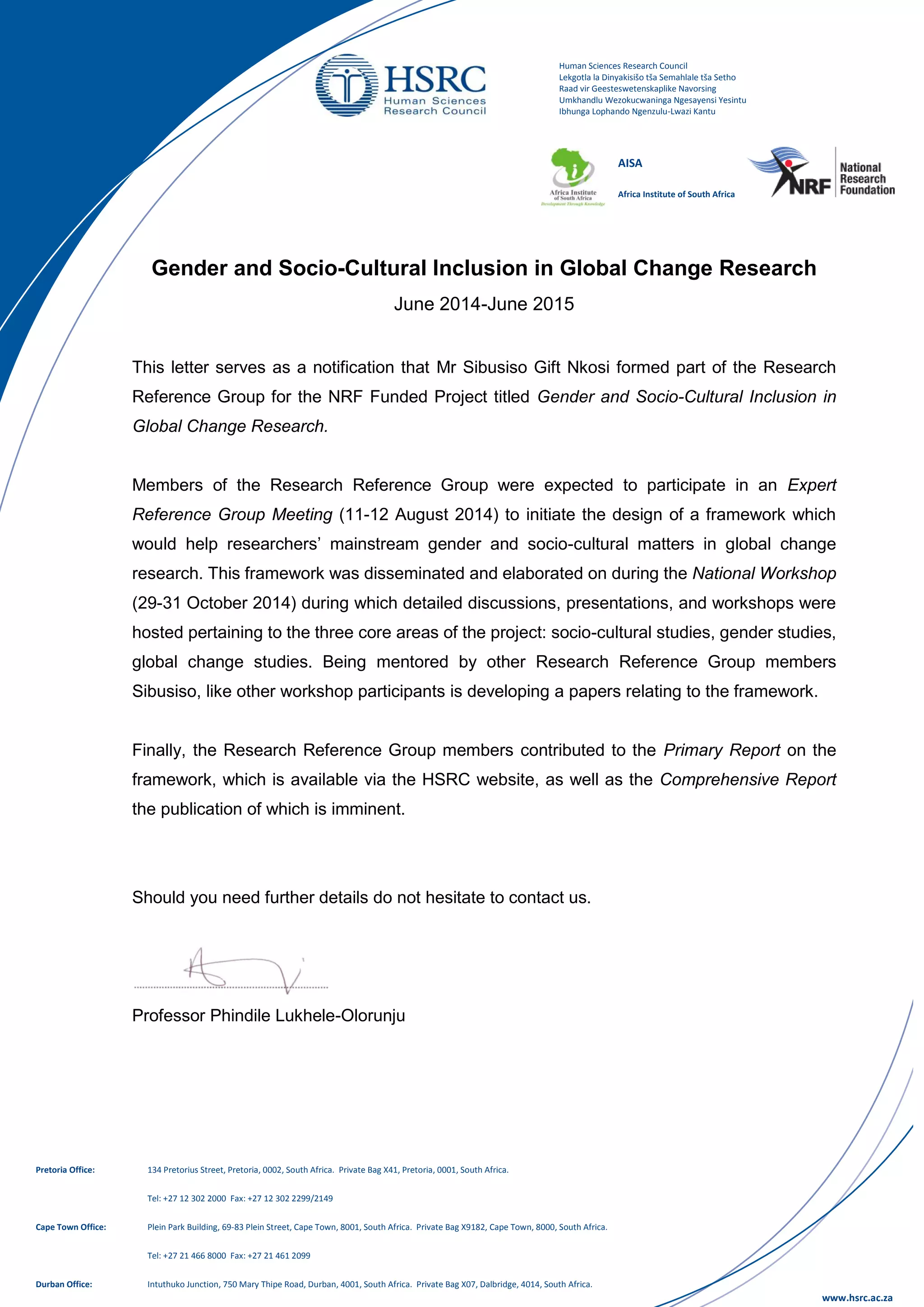 Sibusiso - Letter of involvement (1) | PDF