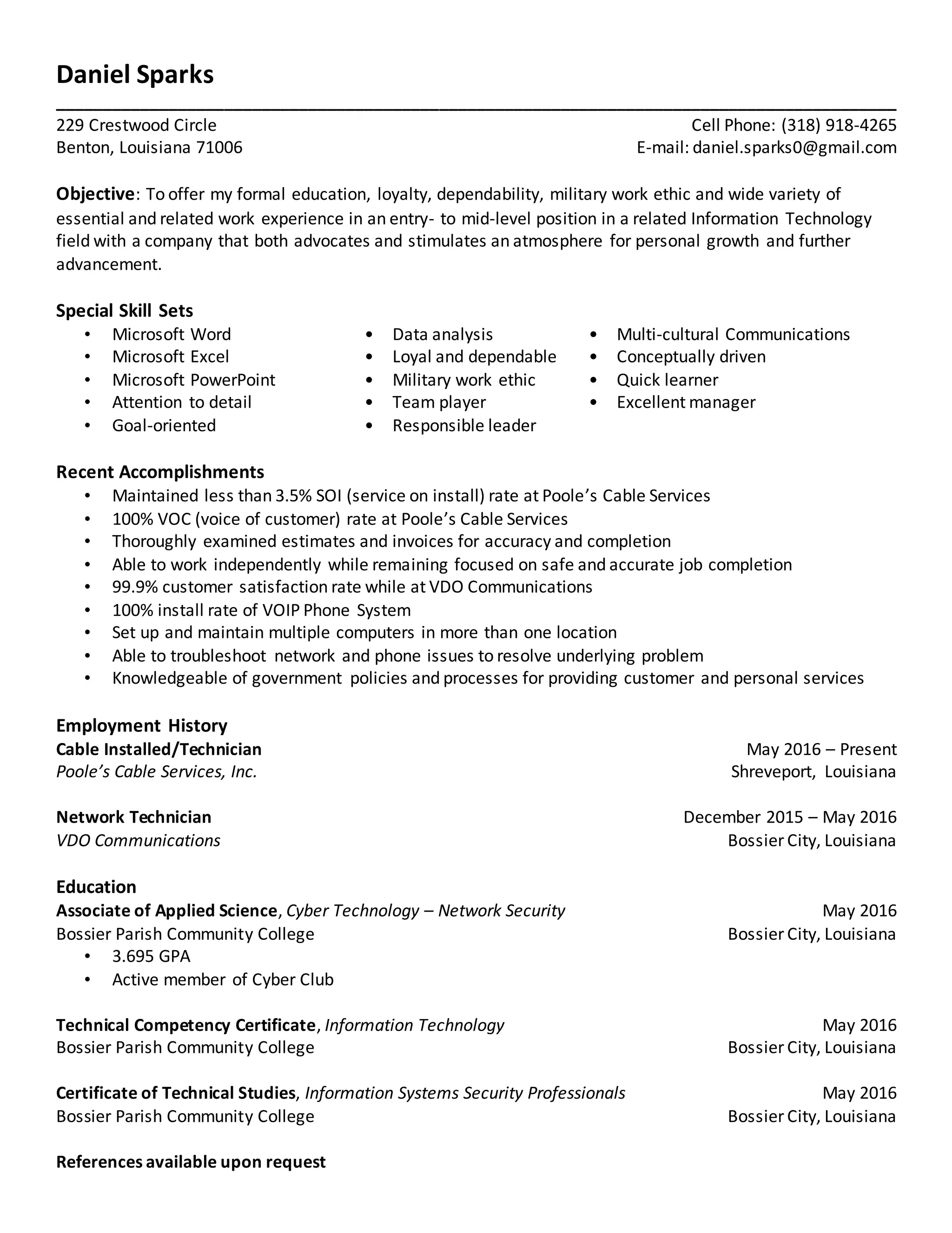 Daniel resume 11-15-16 | DOCX | Computing | Technology & Computing