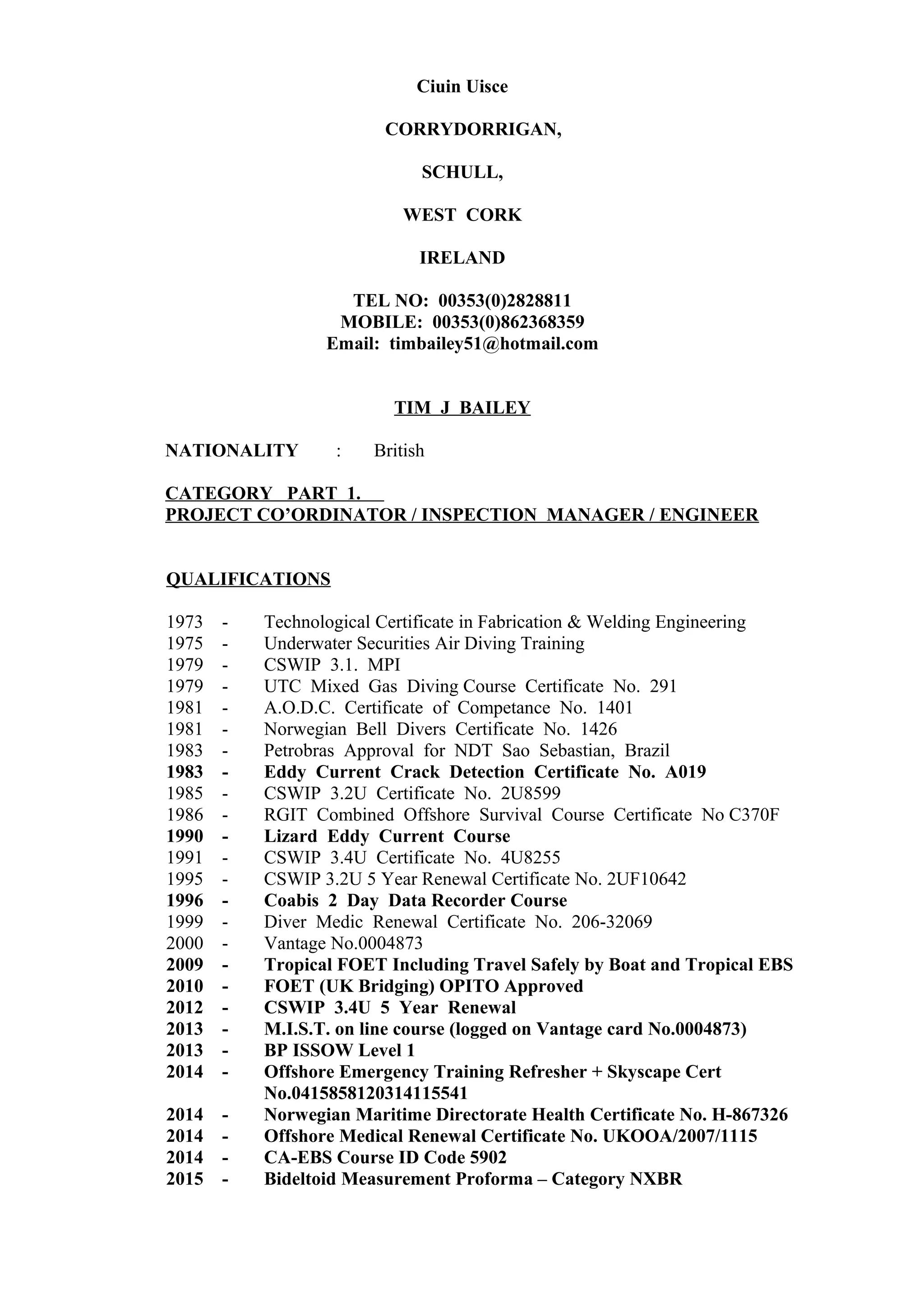 Tim Bailey CV updated July 2015 | DOC