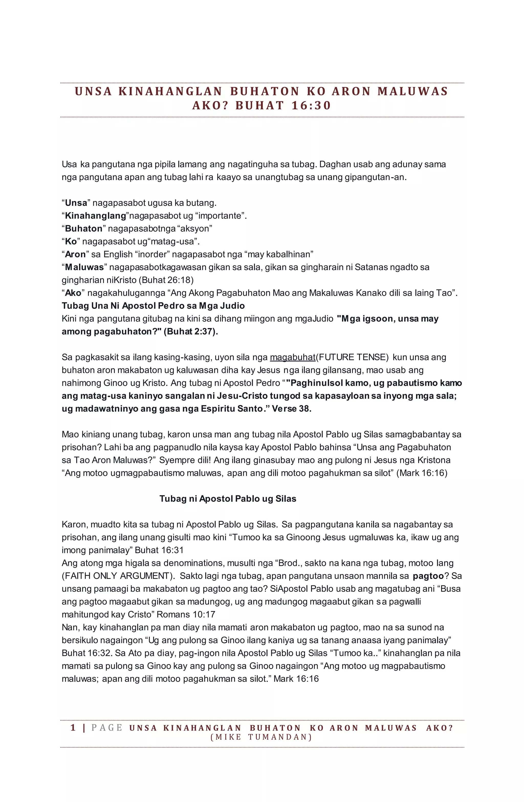 UNSA KINAHANGLAN BUHATON KO ARON MALUWAS AKO | DOCX