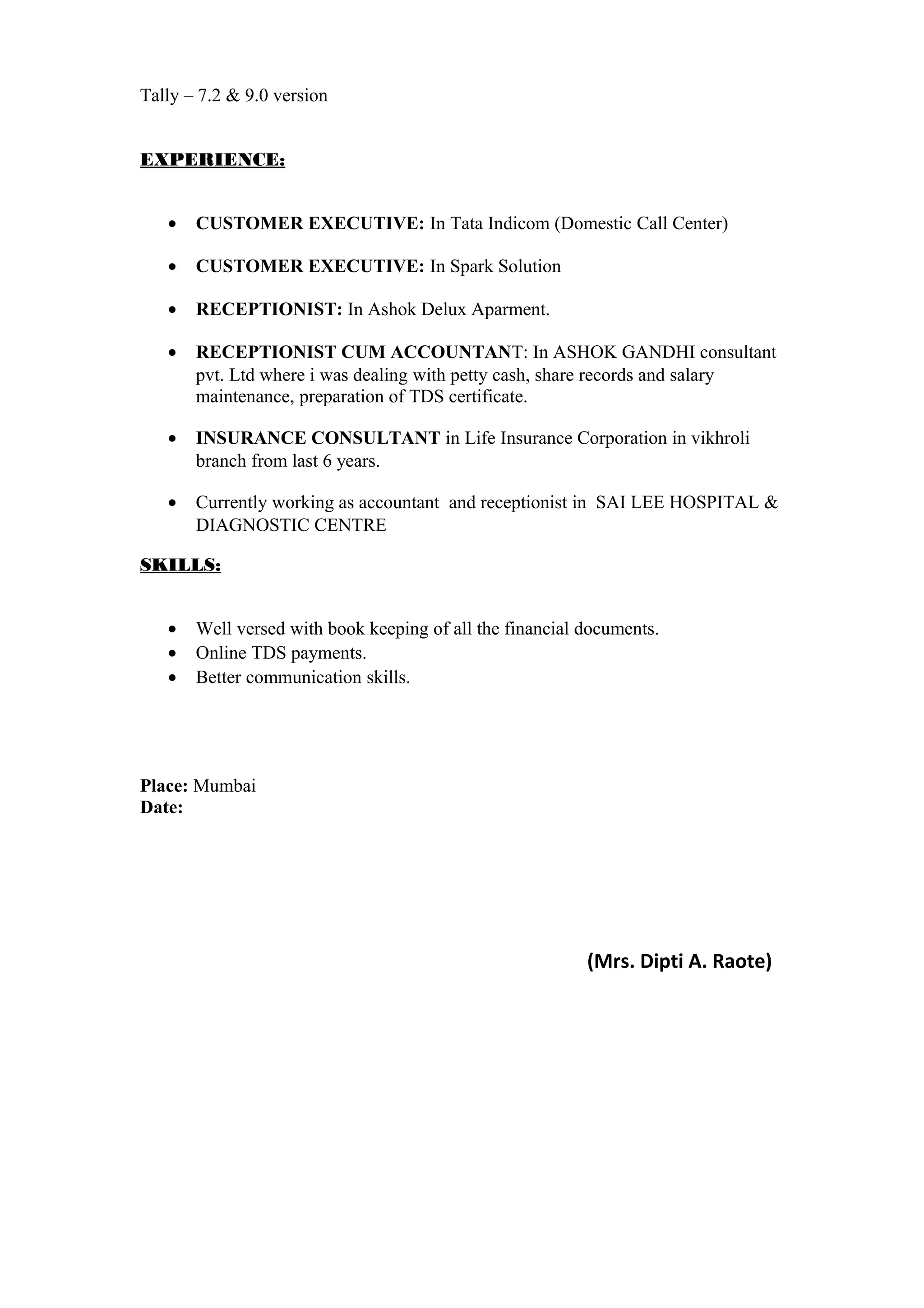 RESUME-dipti | DOC | Business | Business and Finance