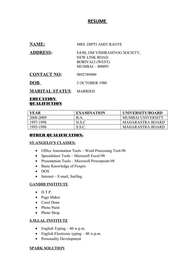 RESUME-dipti | DOC | Business | Business and Finance